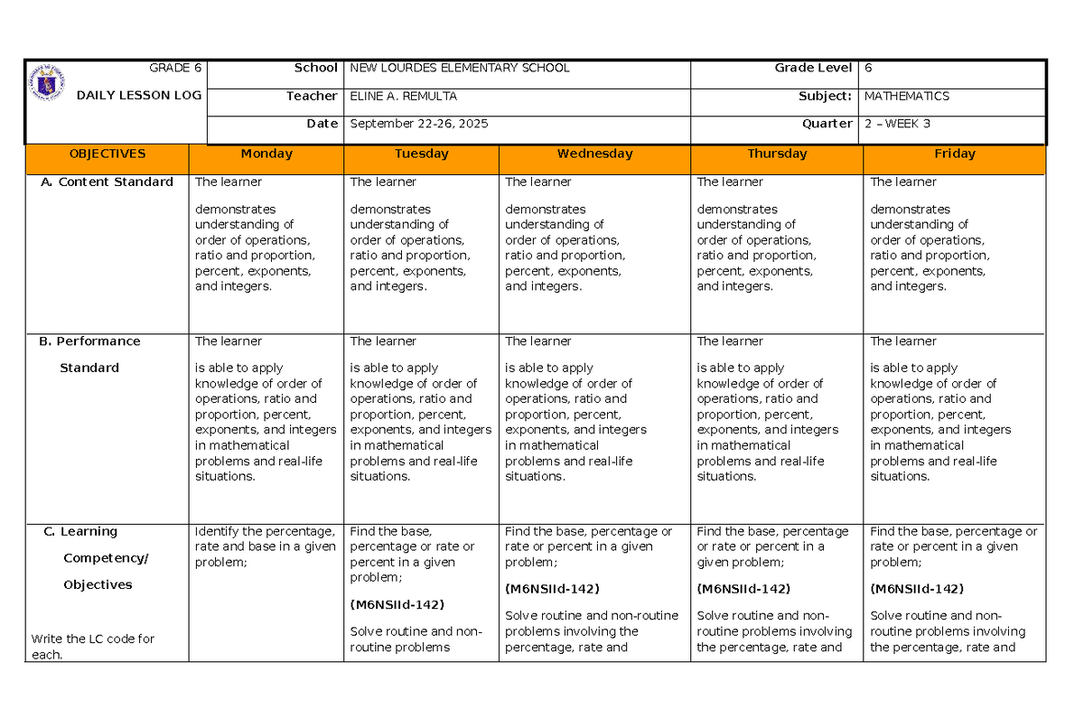 WEEK 3 Daily Lesson Log (DLL) for Grade 6 Mathematics - Studocu