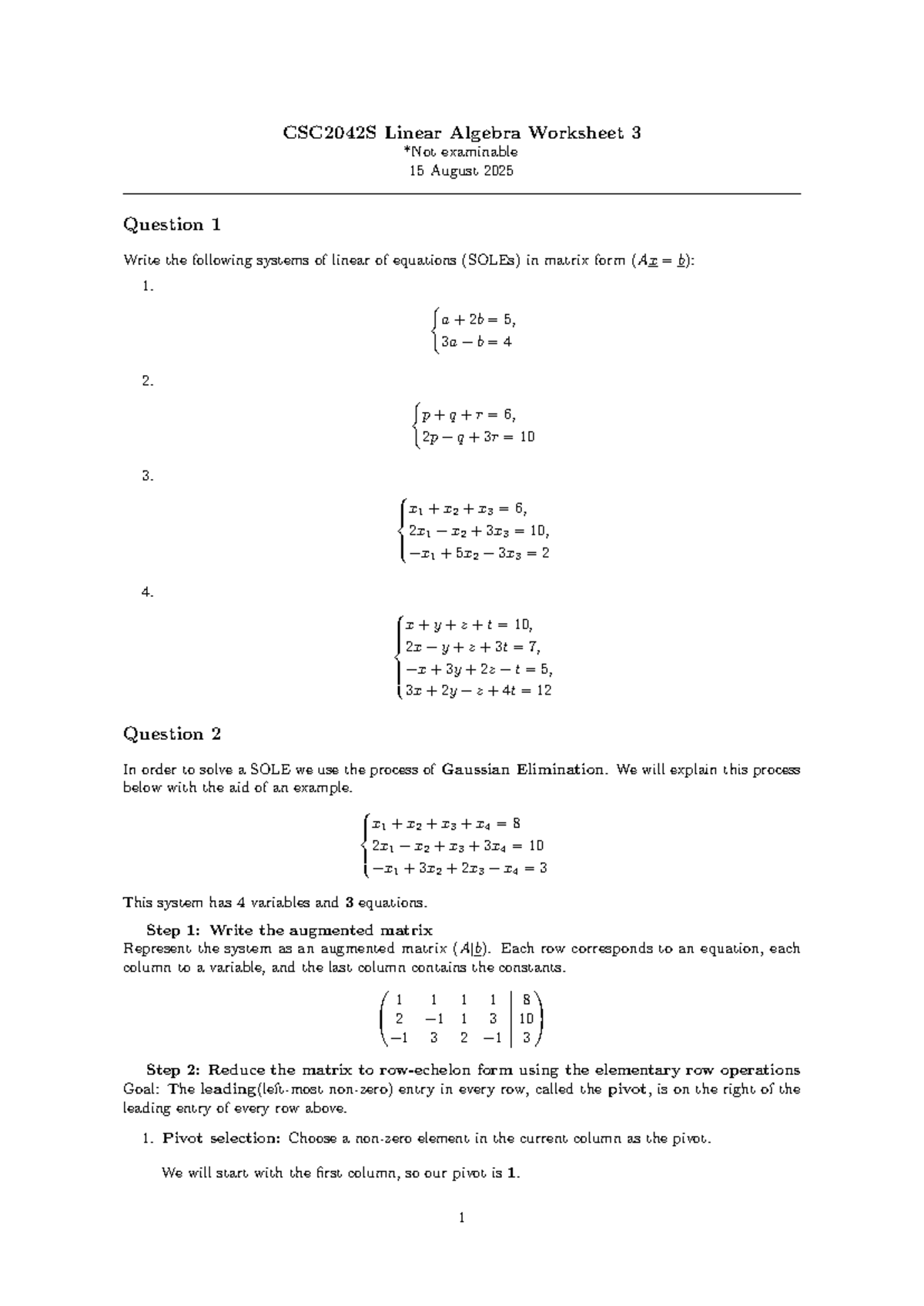 CSC2042S Linear Algebra Worksheet 3: Systems of Linear Equations - Studocu