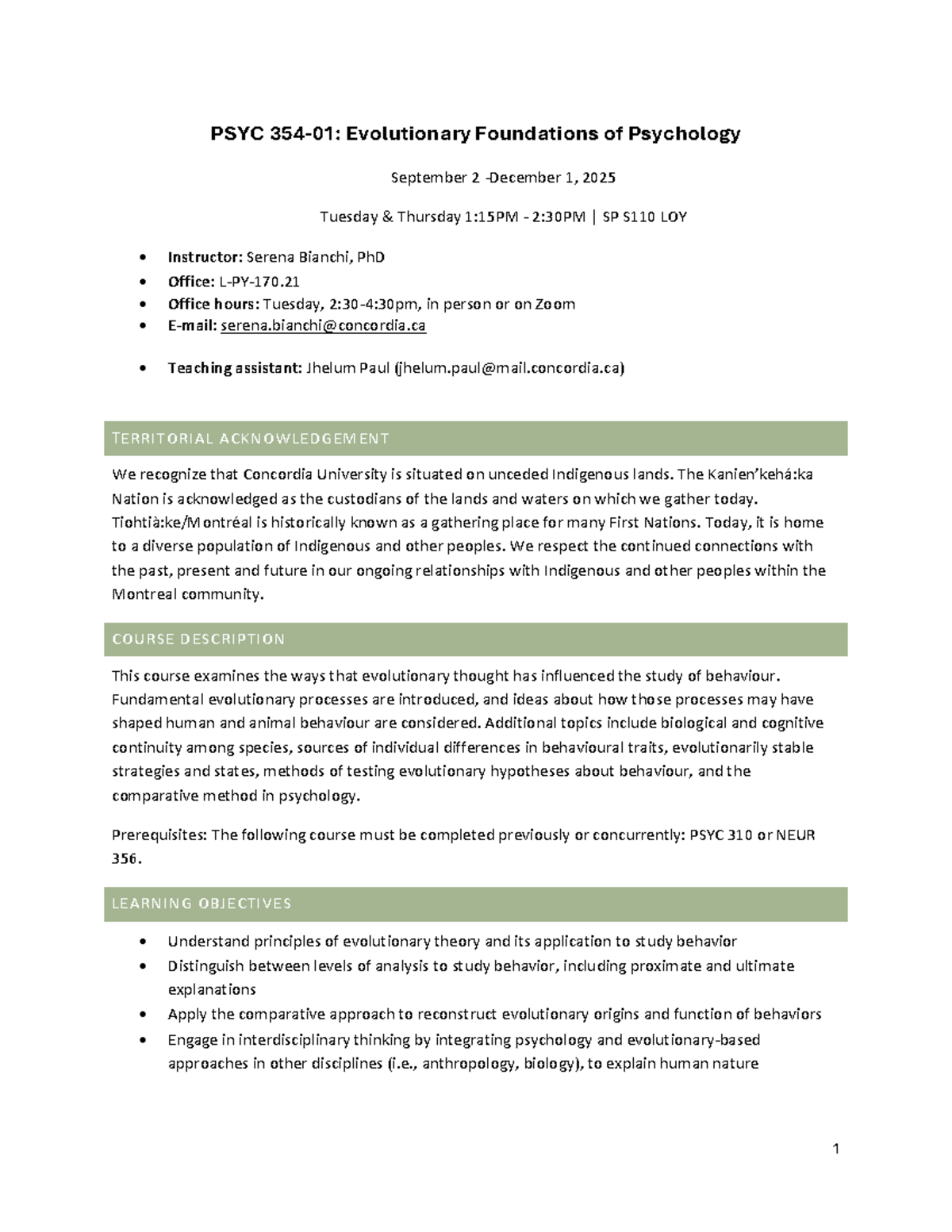 PSYC354-01 Syllabus: Evolutionary Foundations of Psychology Fall 2025 ...