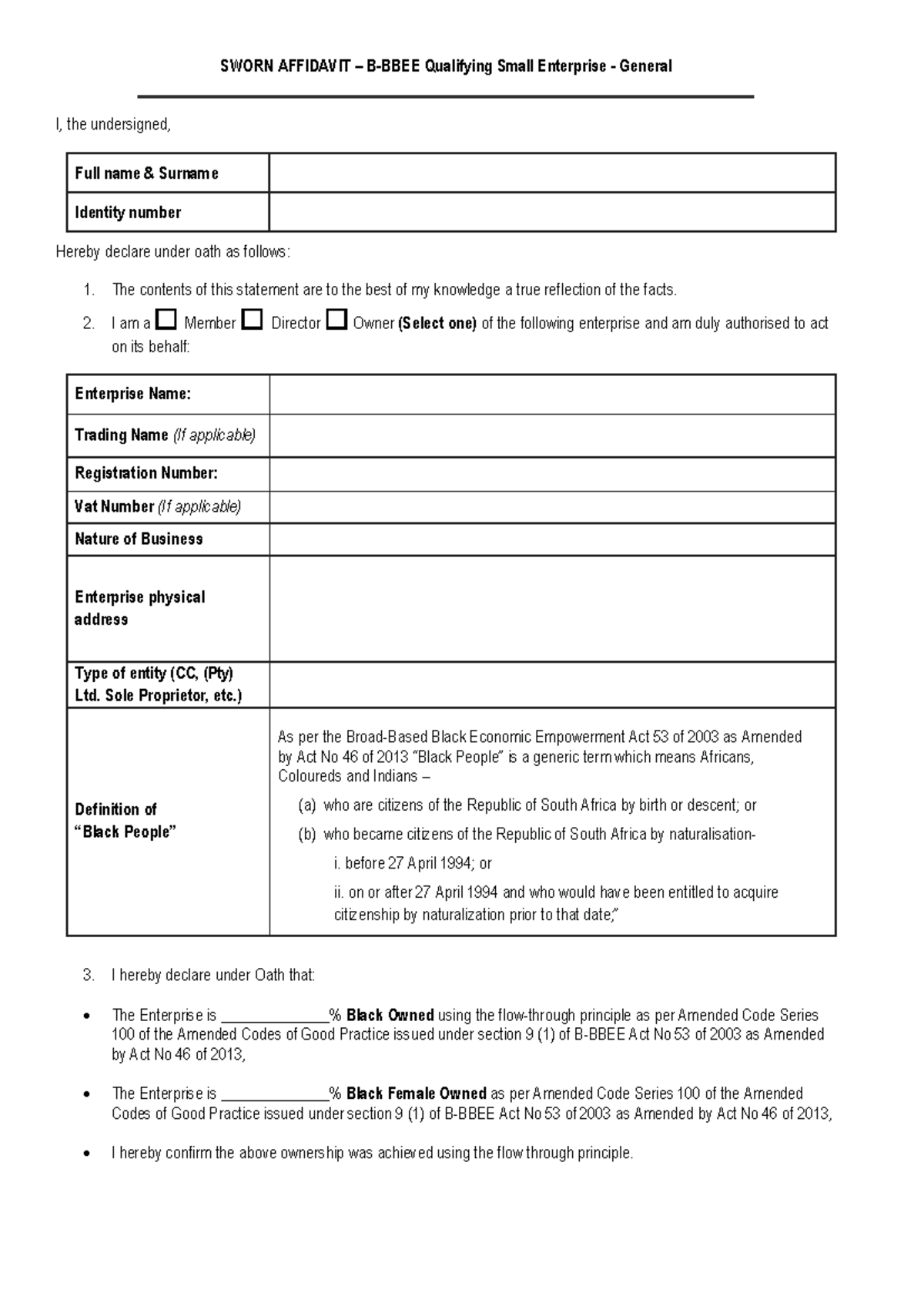 SWORN AFFIDAVIT: Qualifying Small Enterprise BEE Declaration - Studocu