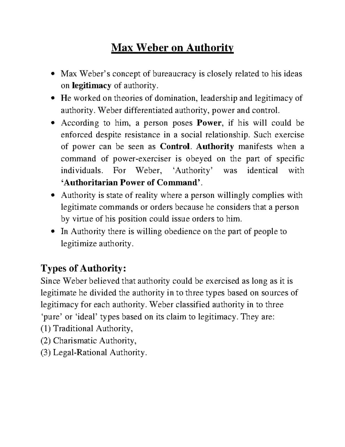 Max Weber's Concept of Authority: Types & Characteristics - Studocu