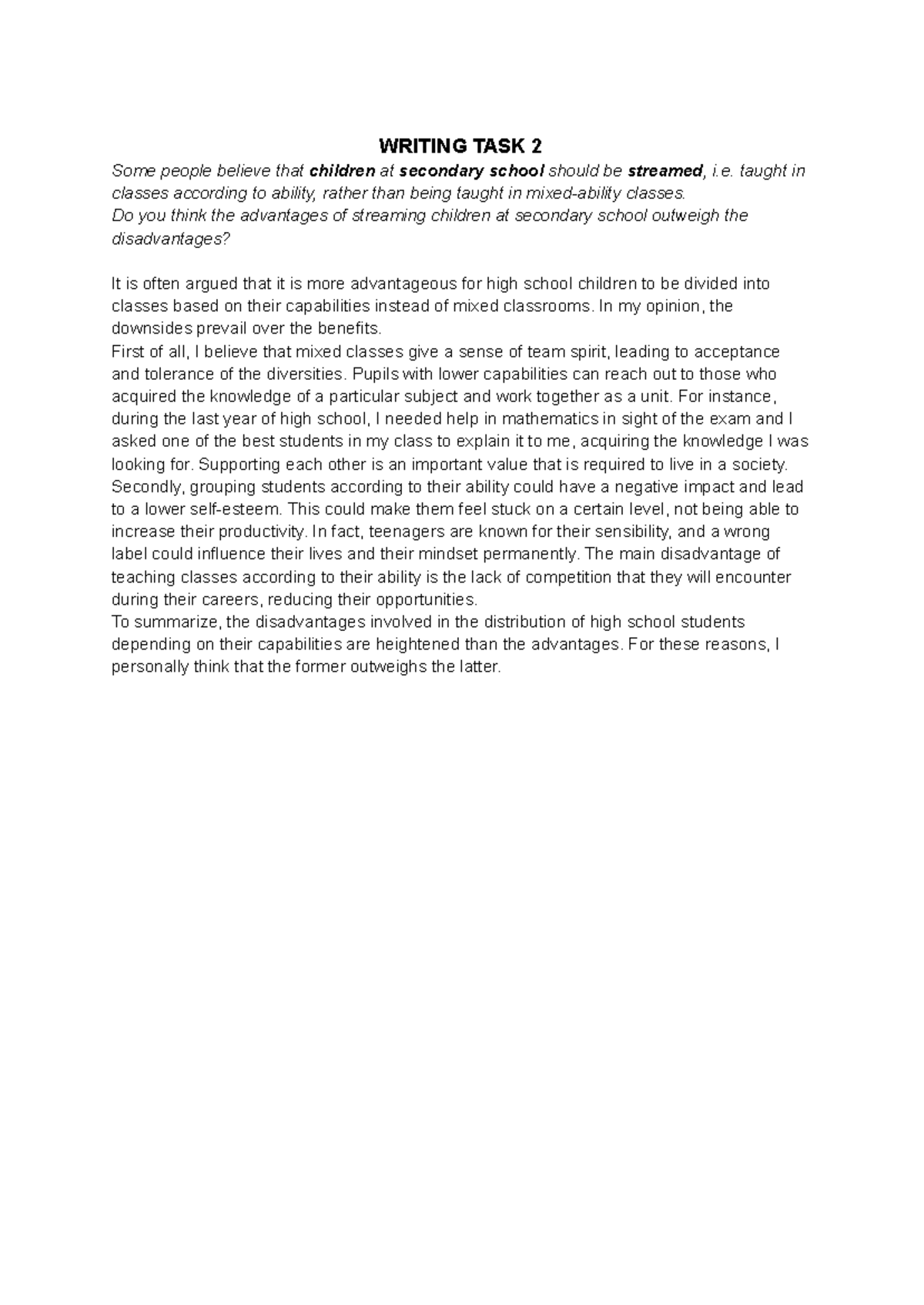 Writing Task 2: Streaming vs. Mixed-Ability Classes in Education - Studocu