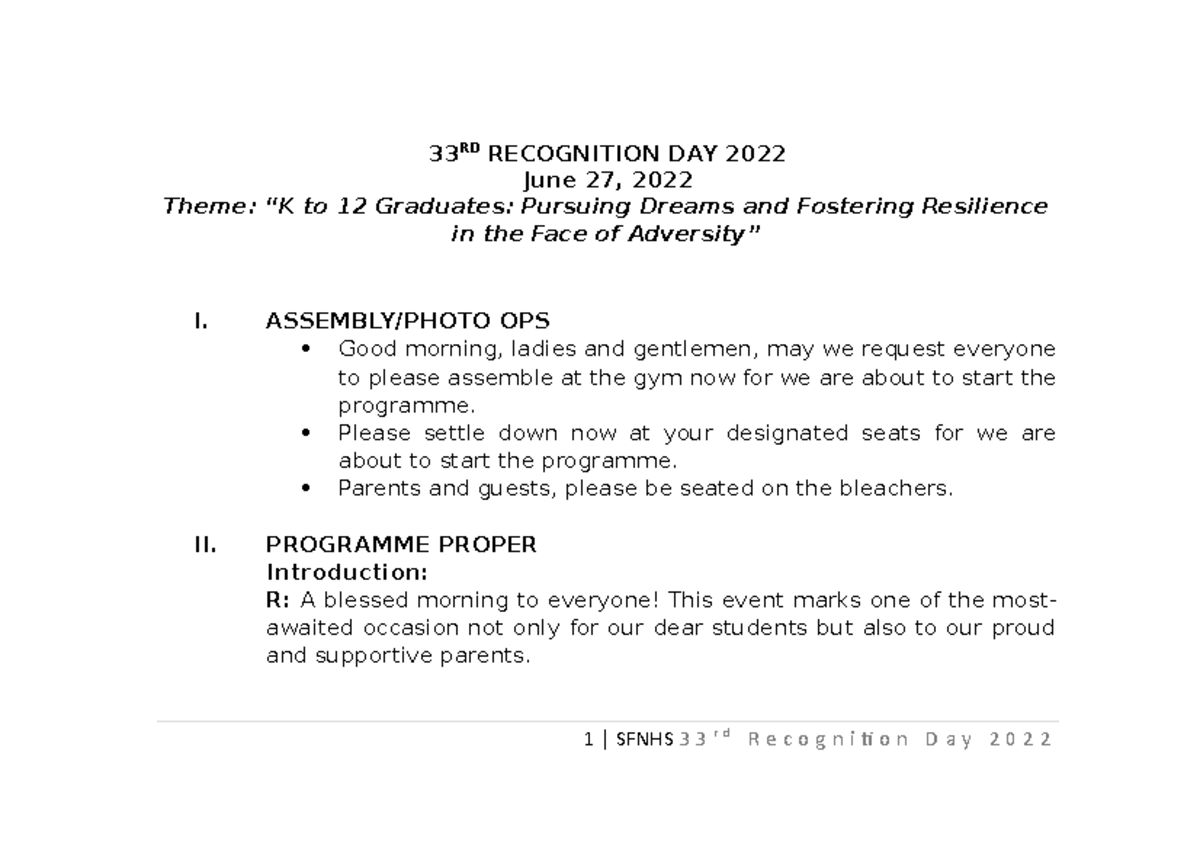 33RD Recognition Day 2022 Script: K to 12 Graduates Celebrated - Studocu