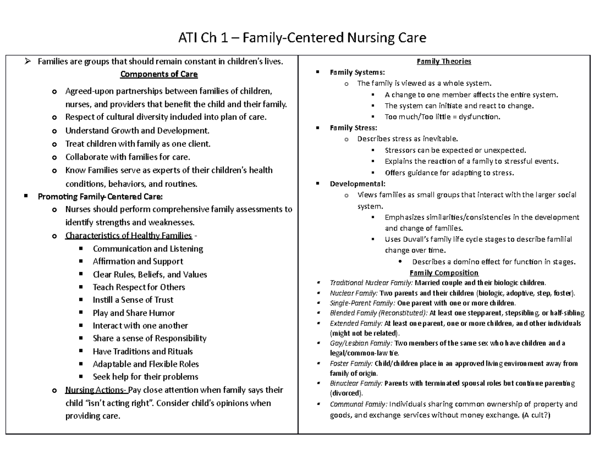 Peds ATI Ch 1 - Family Centered Nursing Care - ATI Ch 1 – Family ...