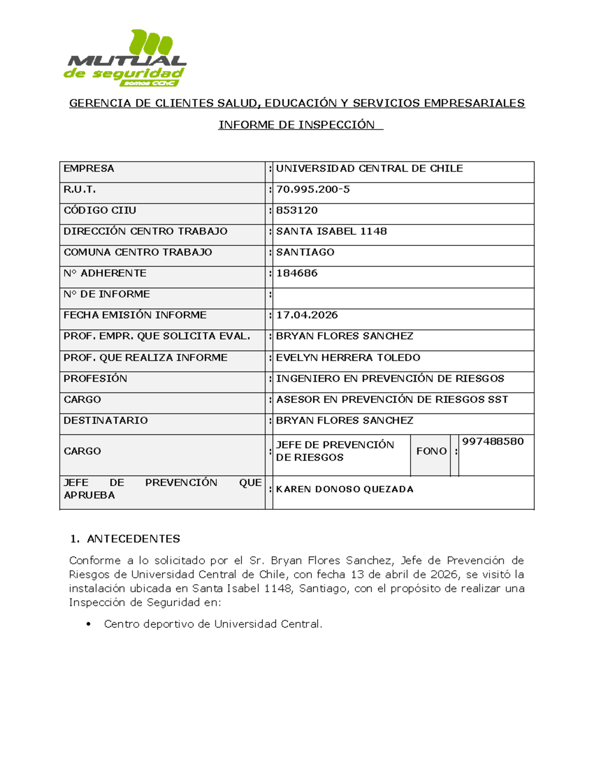 Inspección de Seguridad en Universidad Central de Chile - 17/04/2026 ...