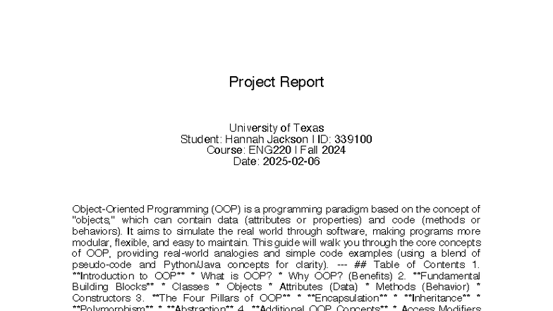 ENG220 Project Report: Understanding Object-Oriented Programming - Studocu