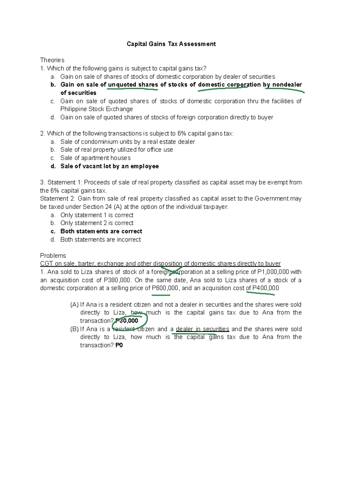 Capital Gains Tax Assessment - Theories & Problems (WITH SOL.) - Studocu
