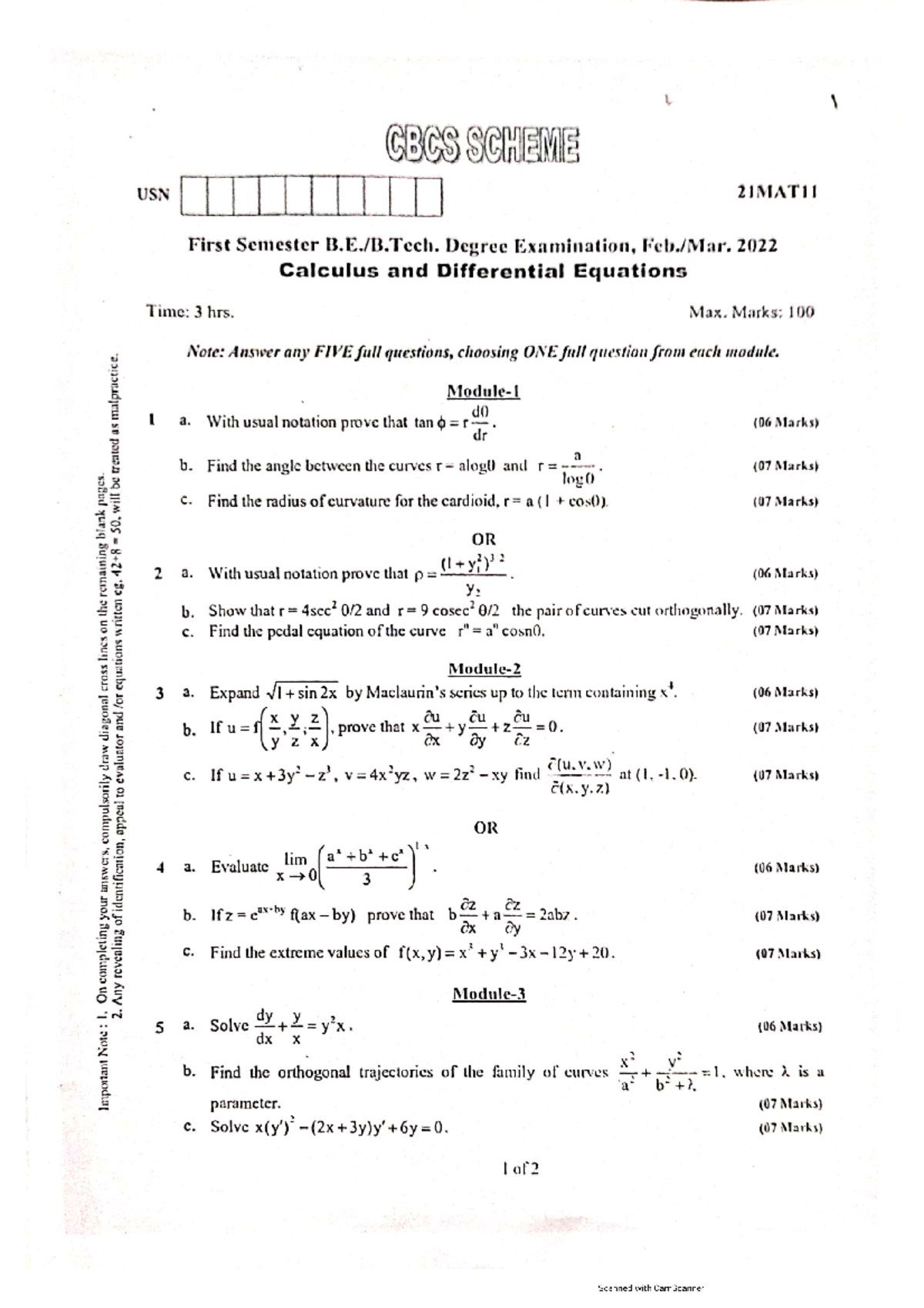 Calculus and Differential Equations Exam Paper 21MAT11 - First Semester ...