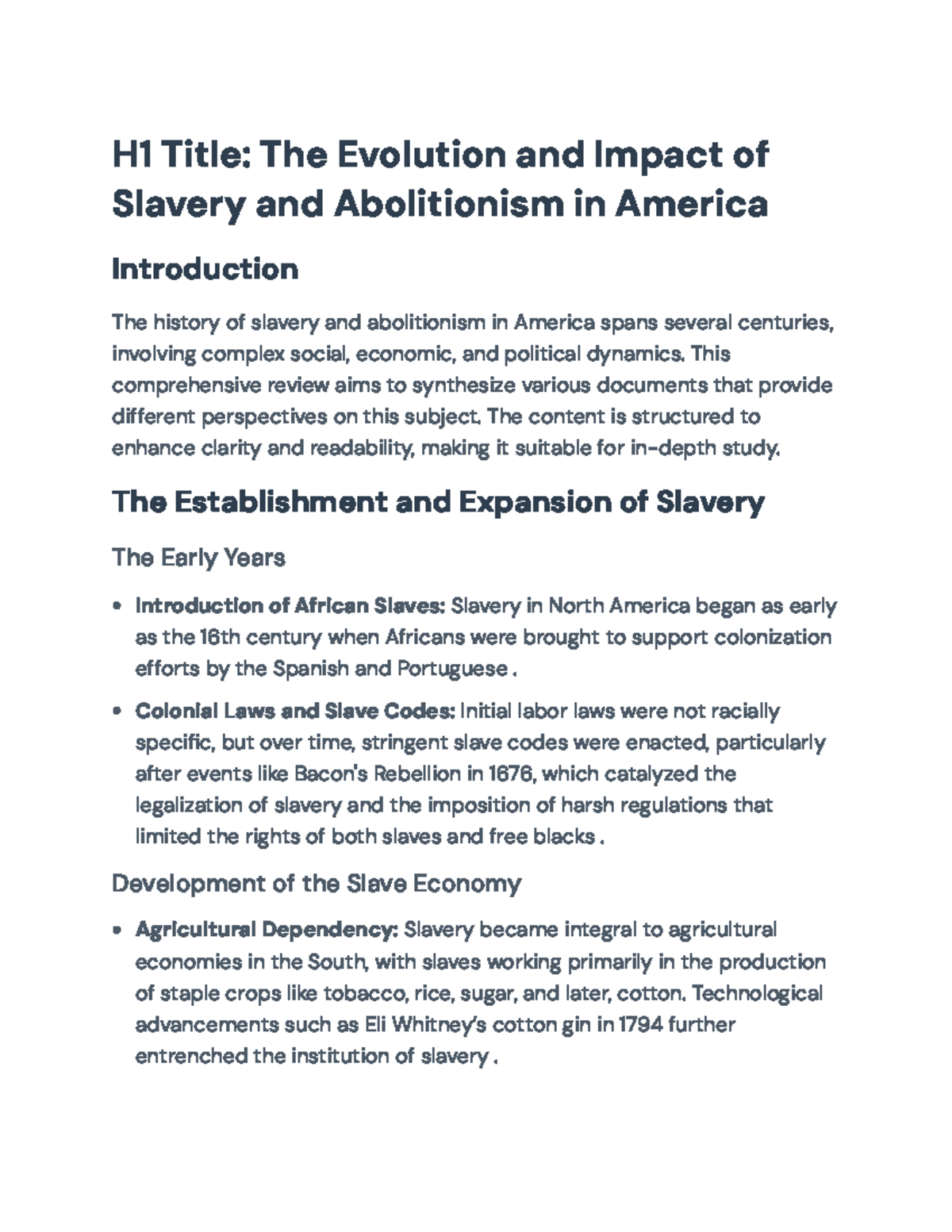 The Evolution and Impact of Slavery and Abolitionism in America - H1 ...