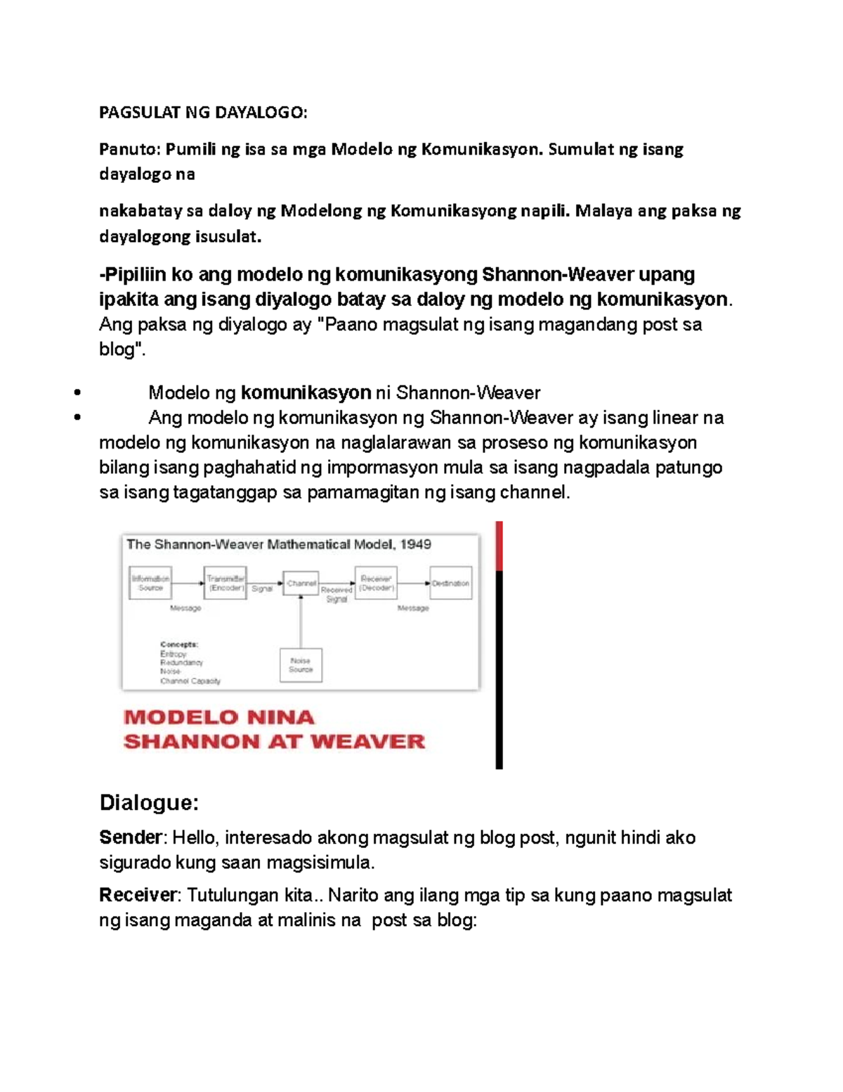 Pagsulat ng Dayalogo batay sa Modelo ng Komunikasyong Shannon-Weaver ...