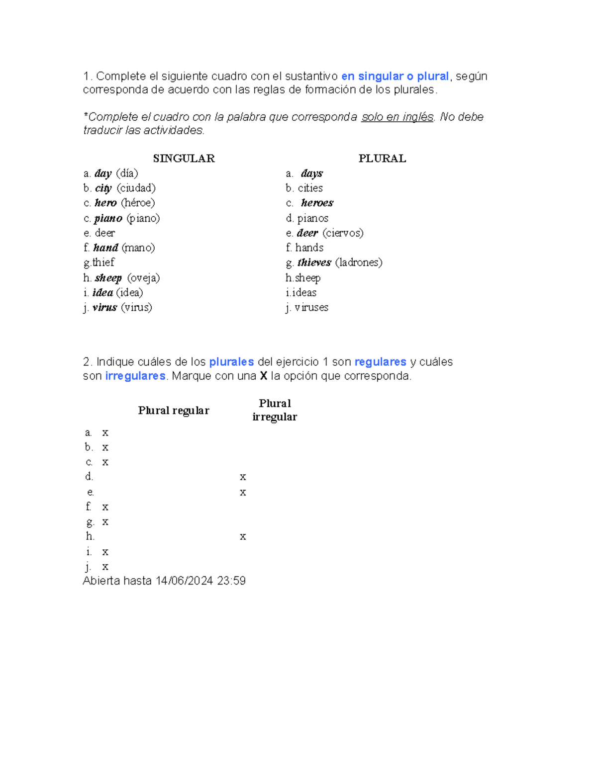 Ejercicio 3: Sustantivos en Singular y Plural - Formación de Plurales ...