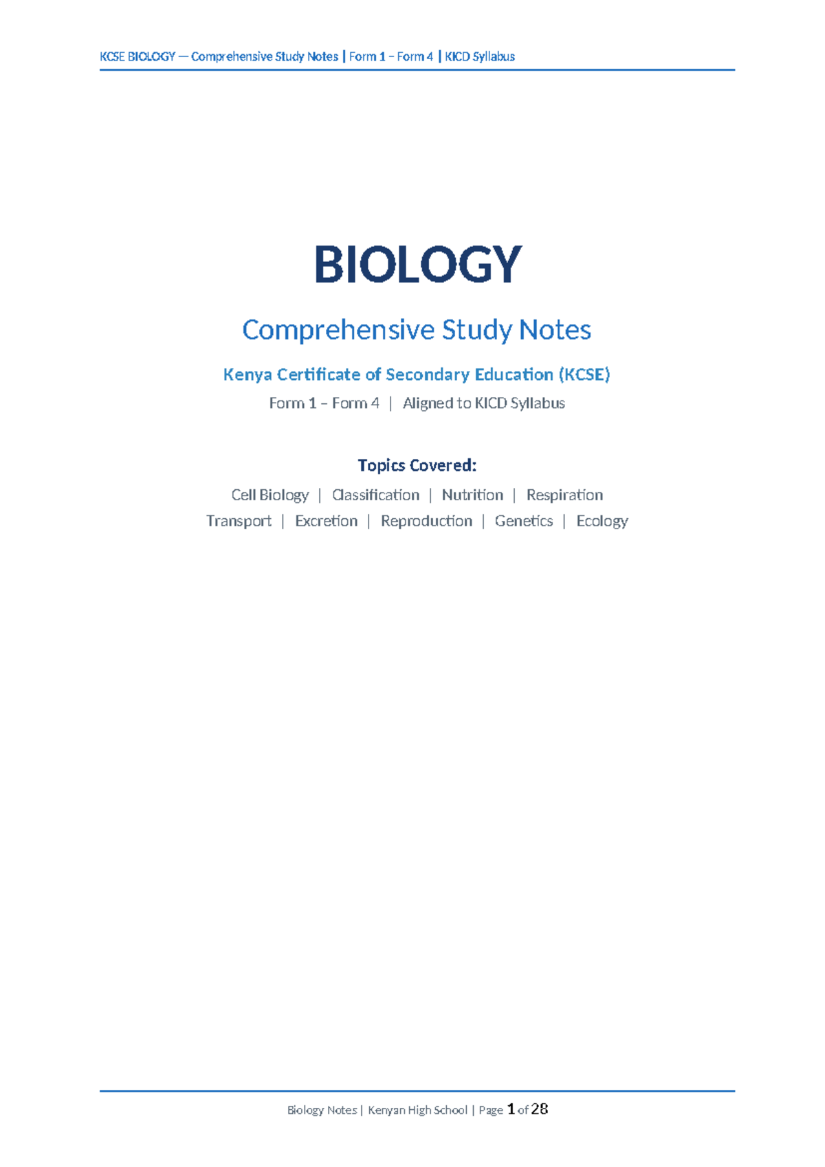 KCSE BIOLOGY Comprehensive Study Notes: Form 1 to Form 4 KICD Syllabus ...