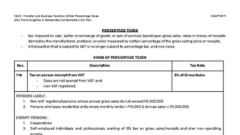 Quick Notes Percentage Taxes - Atty. Maria Angelica A. Berberabe | 1st ...