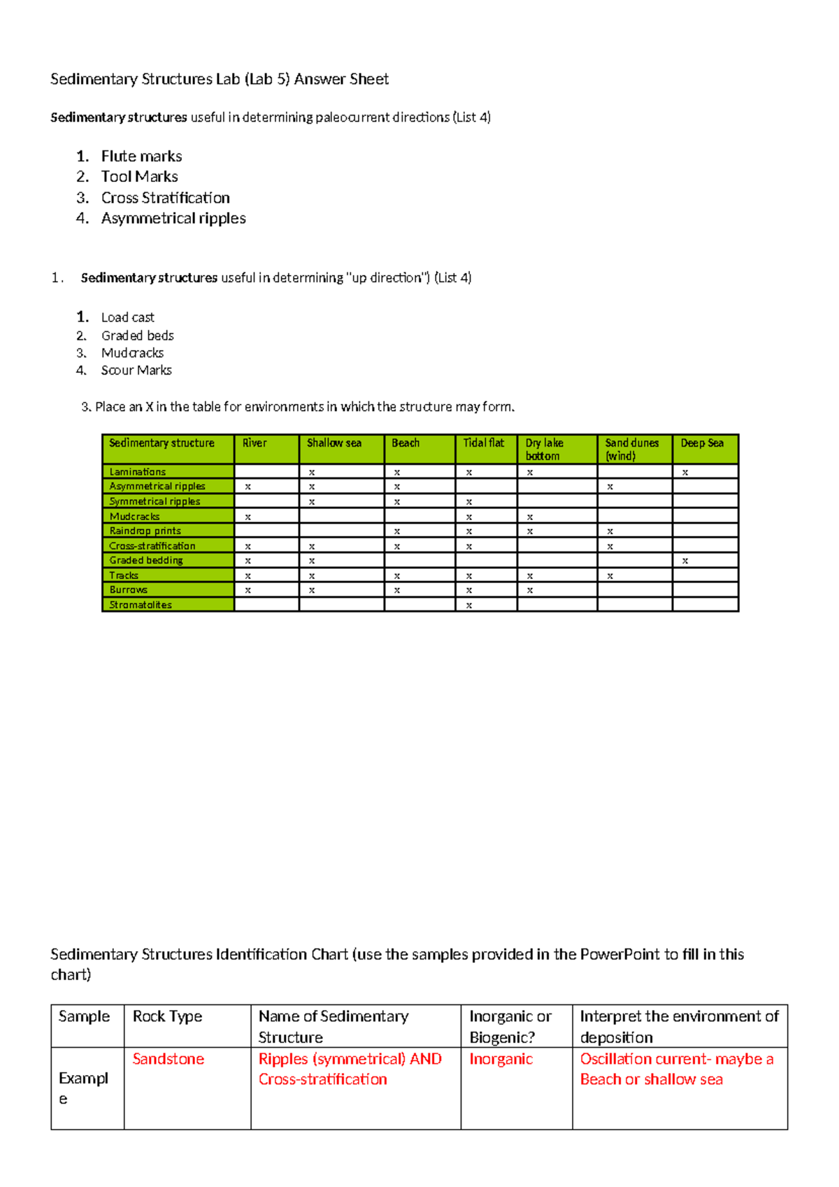 Sedimentary Structures Lab 5: Detailed Answer Sheet & Identification ...