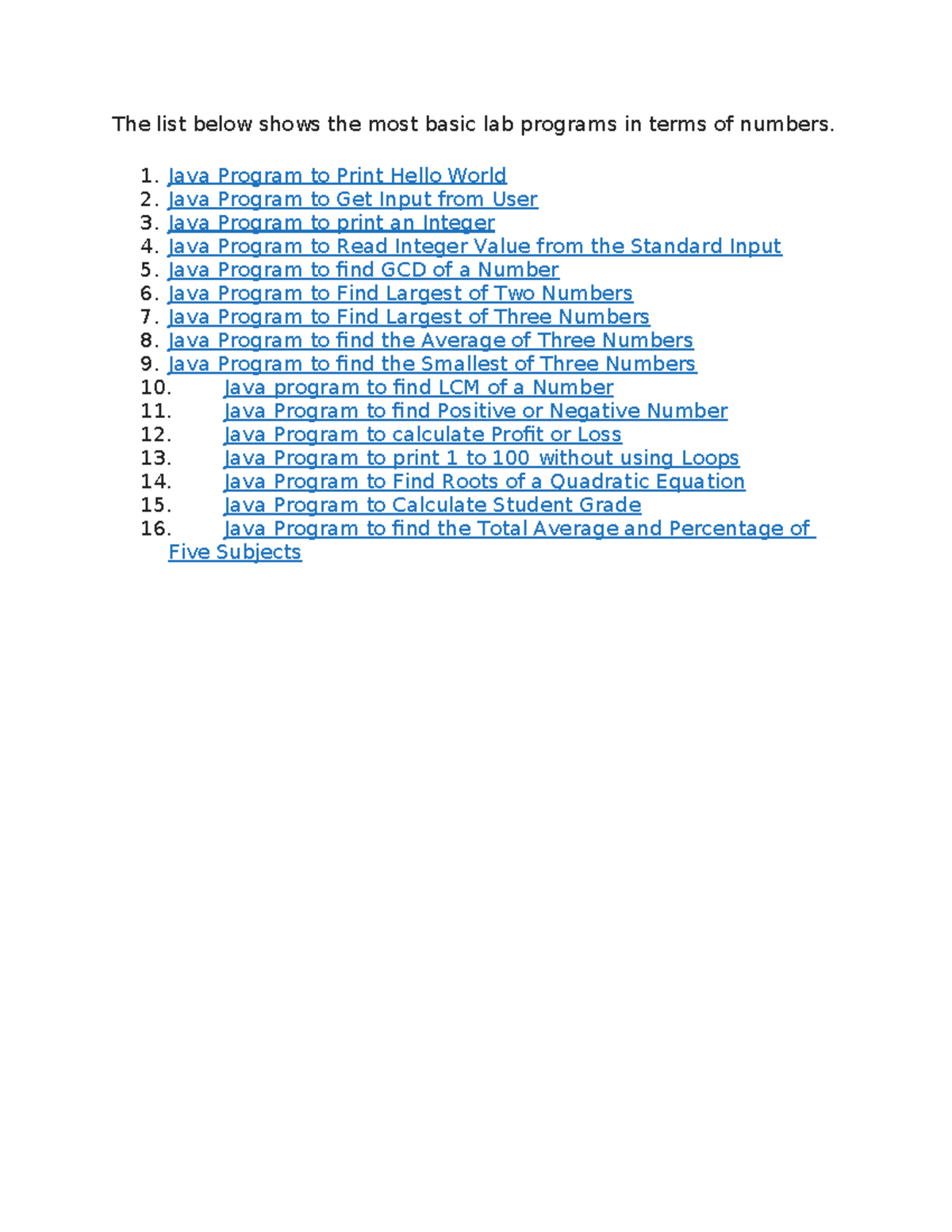 JAVA Sample Programs - Basic Lab Programs List - Studocu