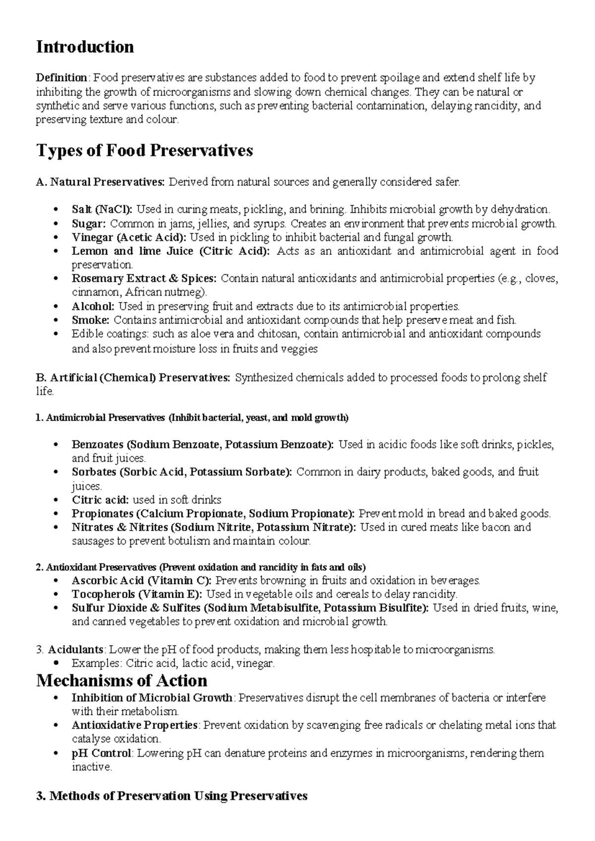 Food Preservatives: Types, Functions, and Mechanisms of Action - Studocu