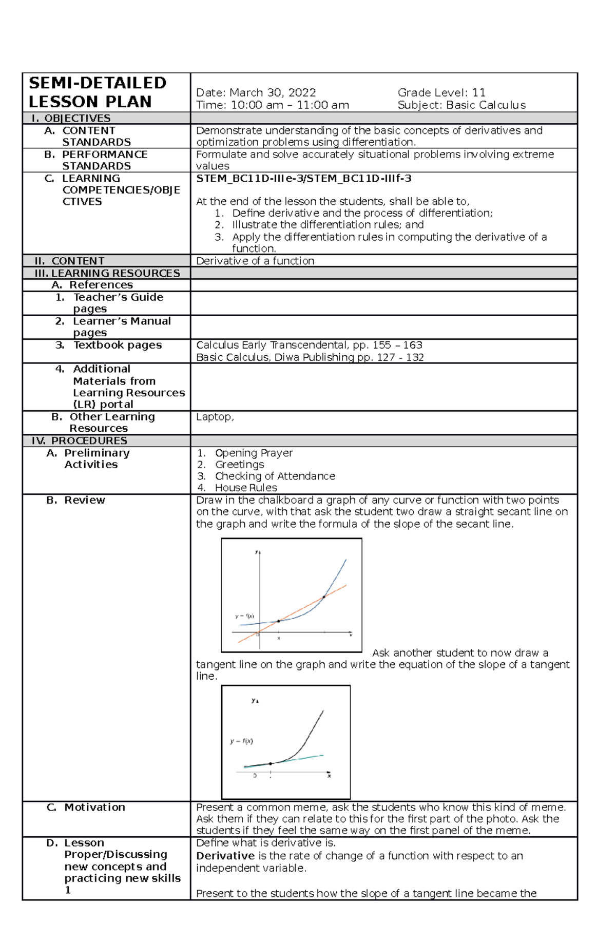 DLP Week 3 Day 3 Lesson Plan: Understanding Derivatives in Calculus ...