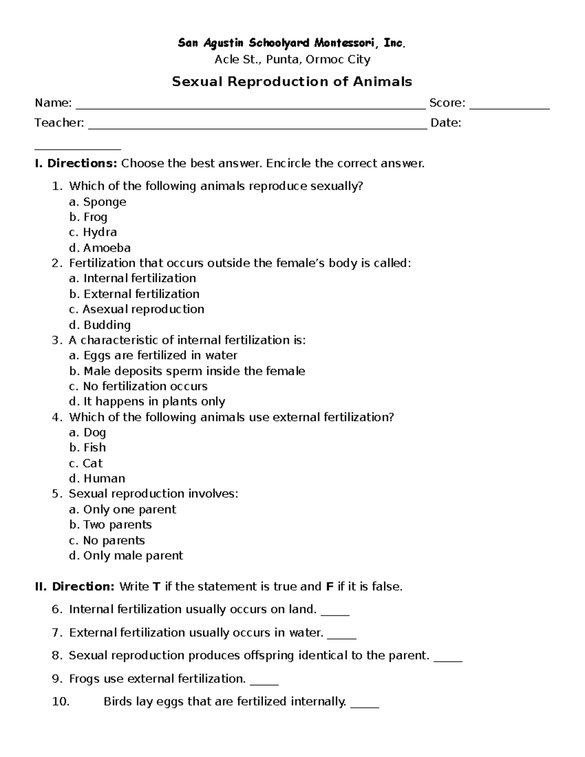 S5 - Sexual Reproduction Quiz: Animals & Fertilization Concepts - Studocu