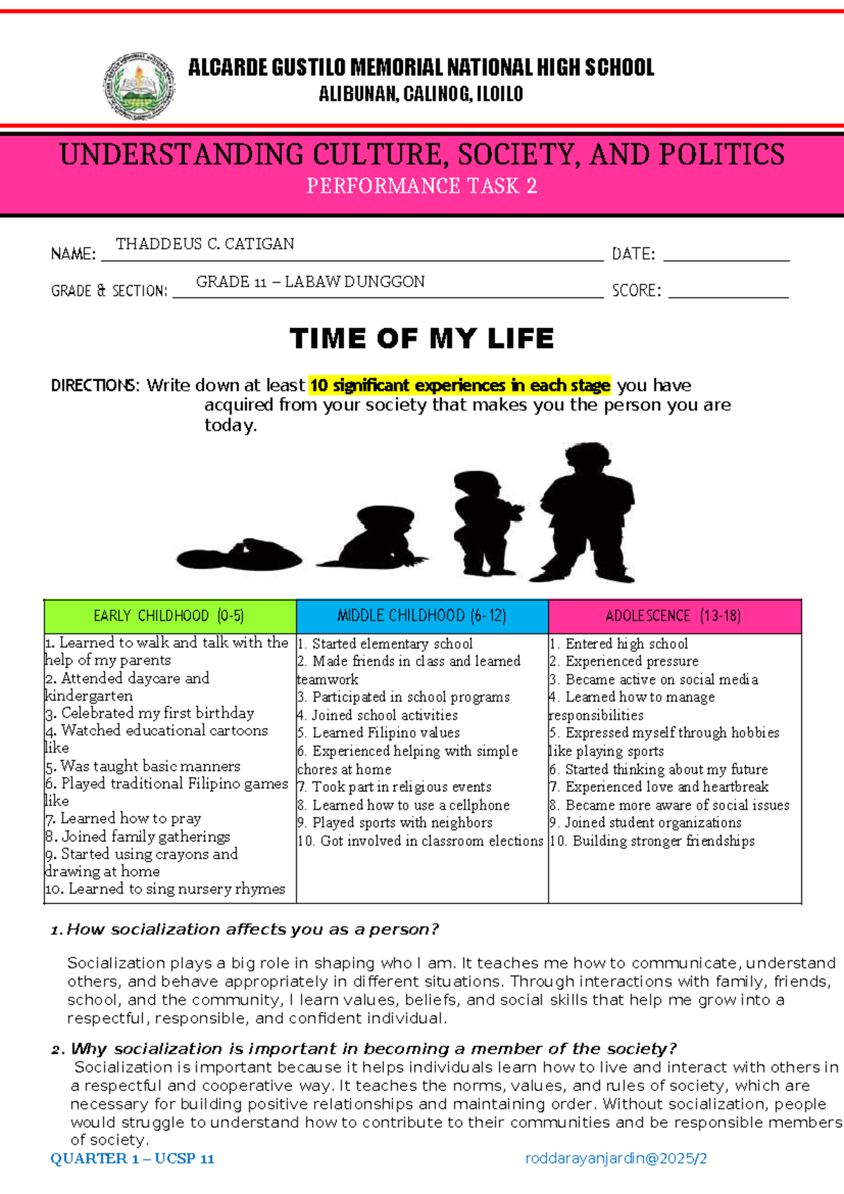 UCSP 11 026 Performance Task 2: My Life Experiences and Socialization - Studocu