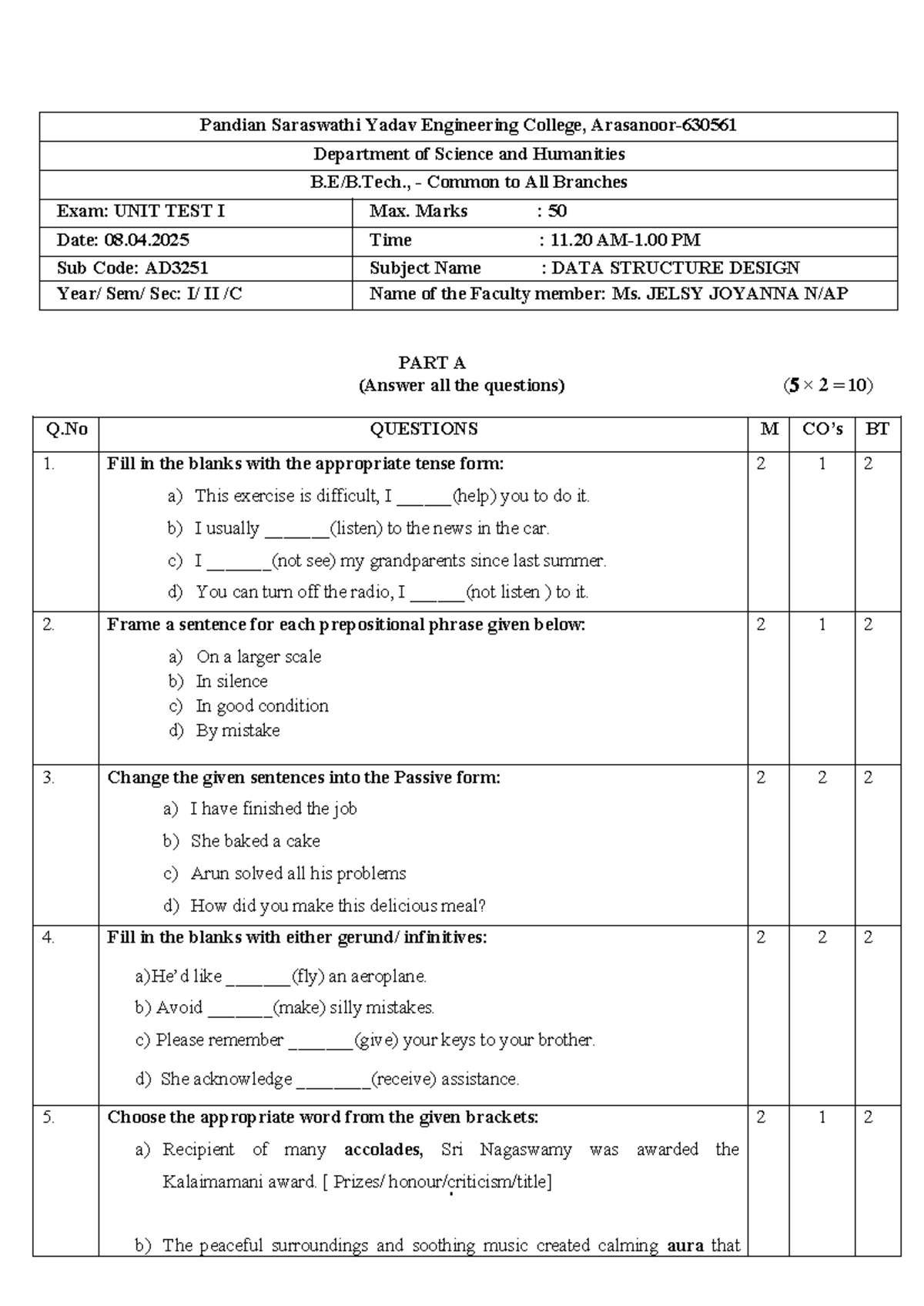 Unit Test I - AD3251 Sec II: Data Structure Design Exam Notes - Studocu