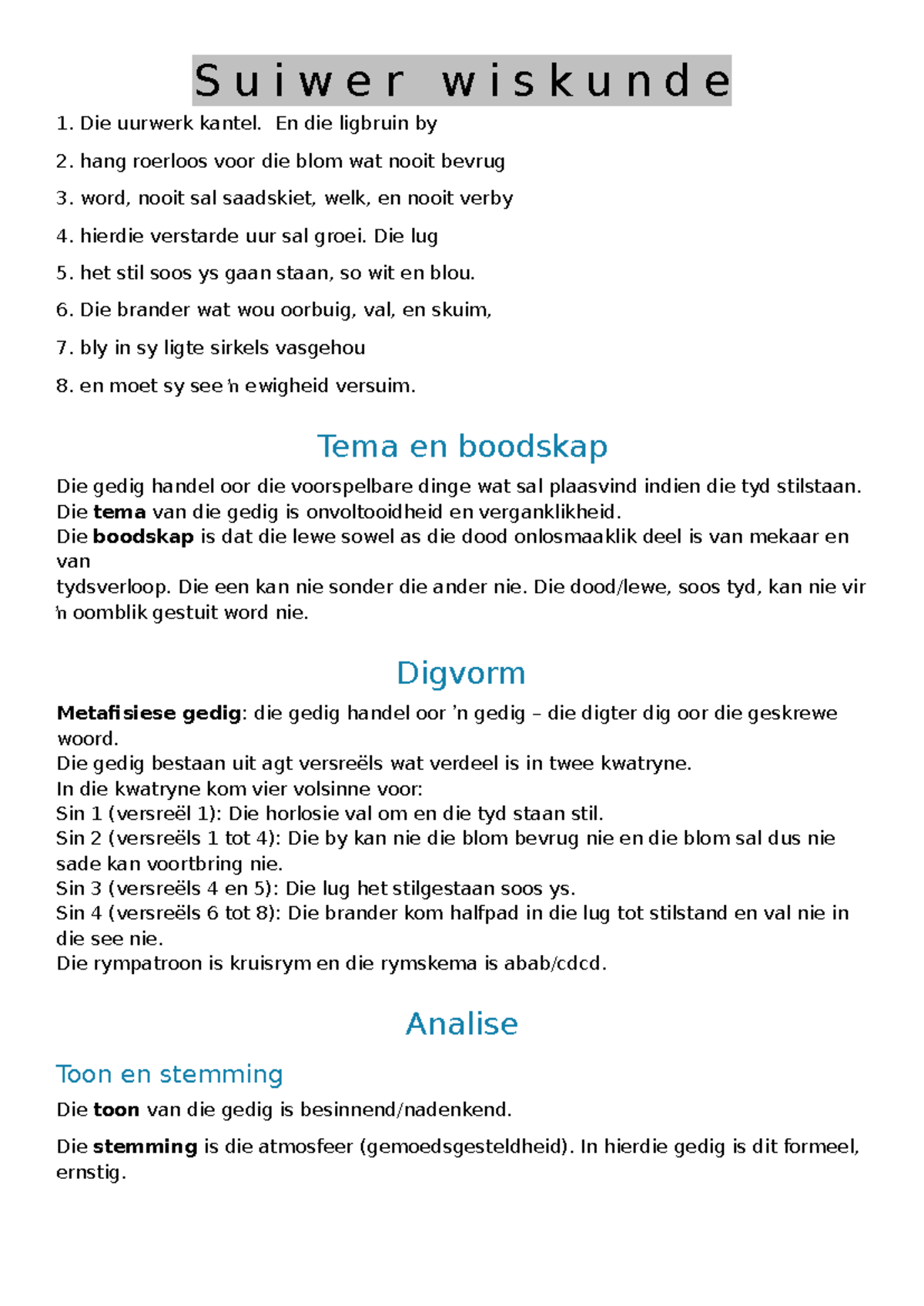 Suiwer Wiskunde - Gedigte en Analise vir Eksamen - Studocu