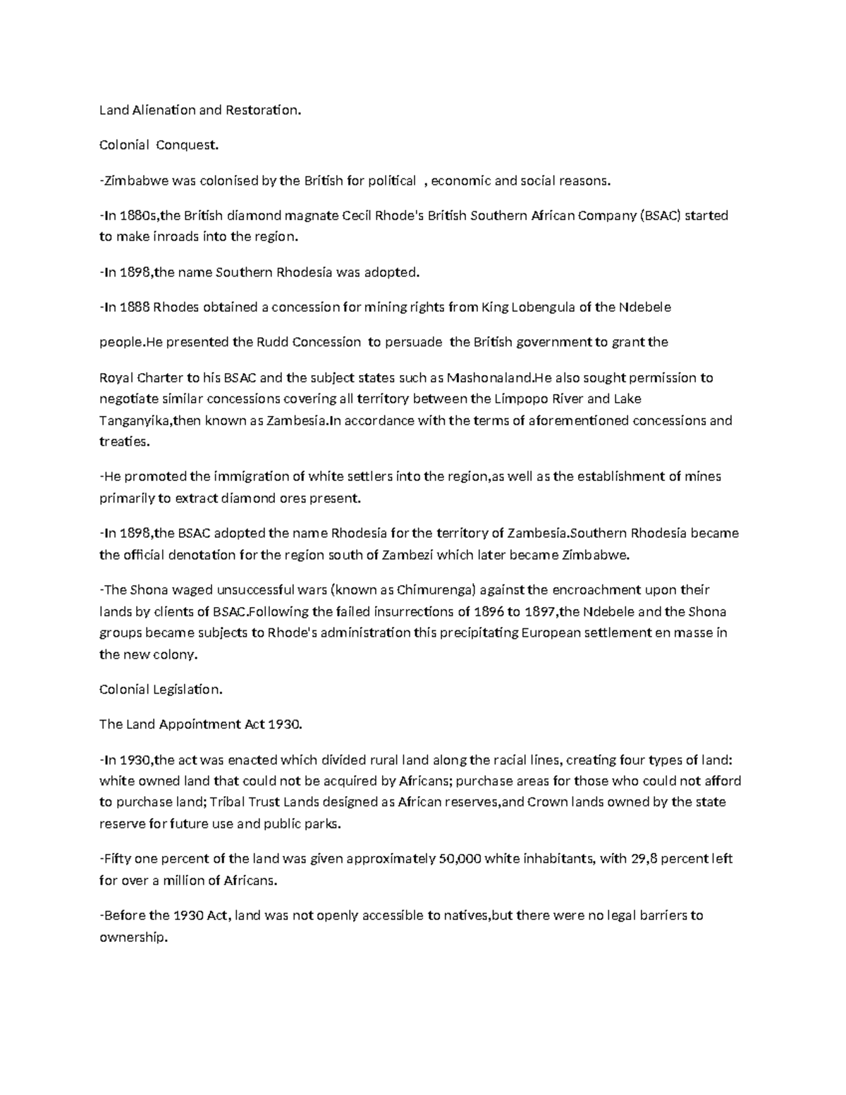 Land Reform in Zimbabwe: Colonial Legislation and Its Impact - Studocu