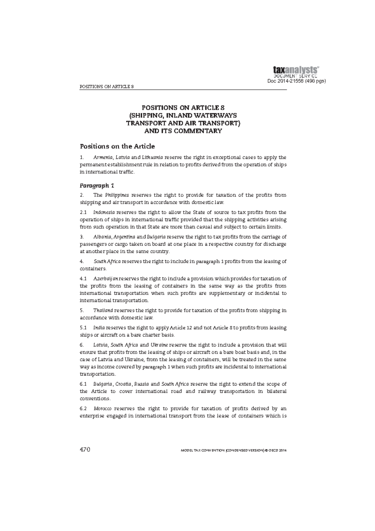 Positions on Article 8: Shipping & Transport Taxation Commentary - Studocu