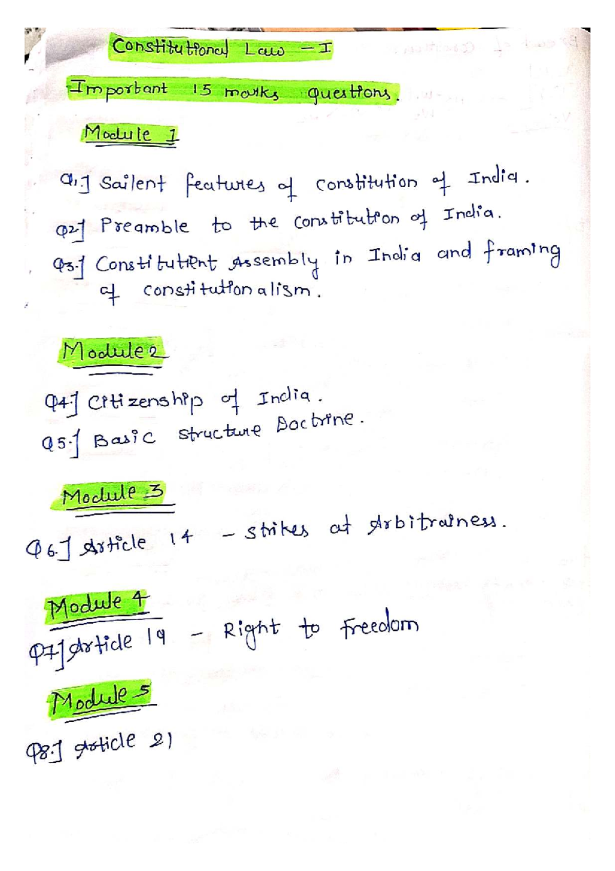Constitutional Law I Sem 1: Key 15 Marks Questions & Topics - Studocu