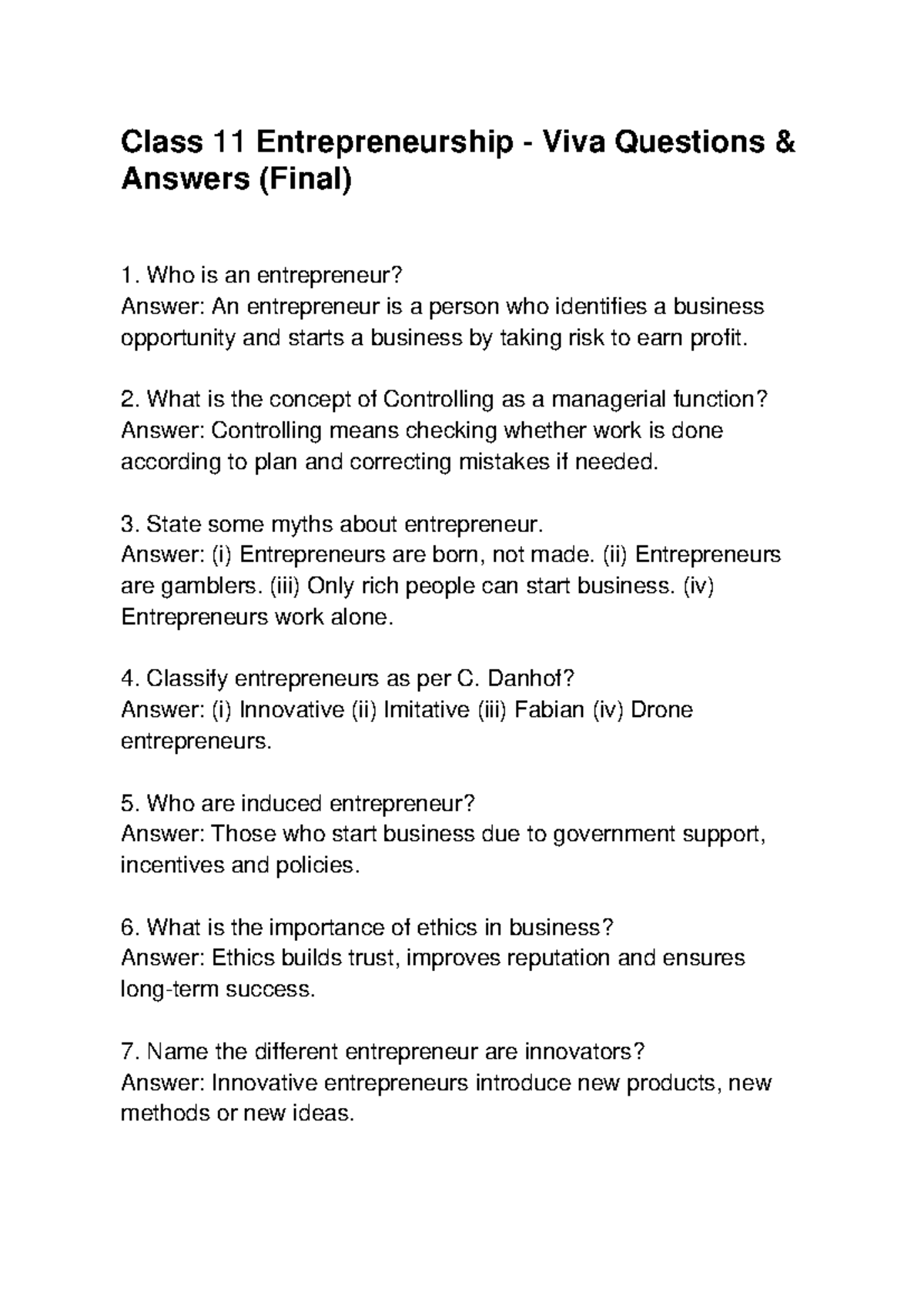 Class 11 Entrepreneurship Final Viva Questions & Answers - Studocu