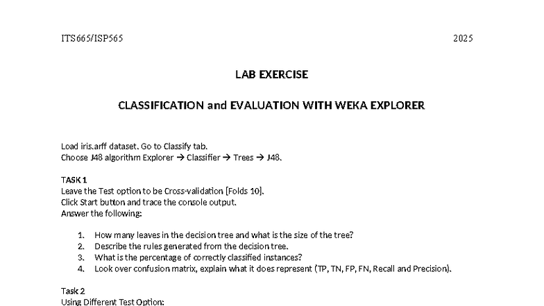 WEEK 7 LAB EXERCISE: CLASSIFICATION & EVALUATION WITH WEKA - Studocu