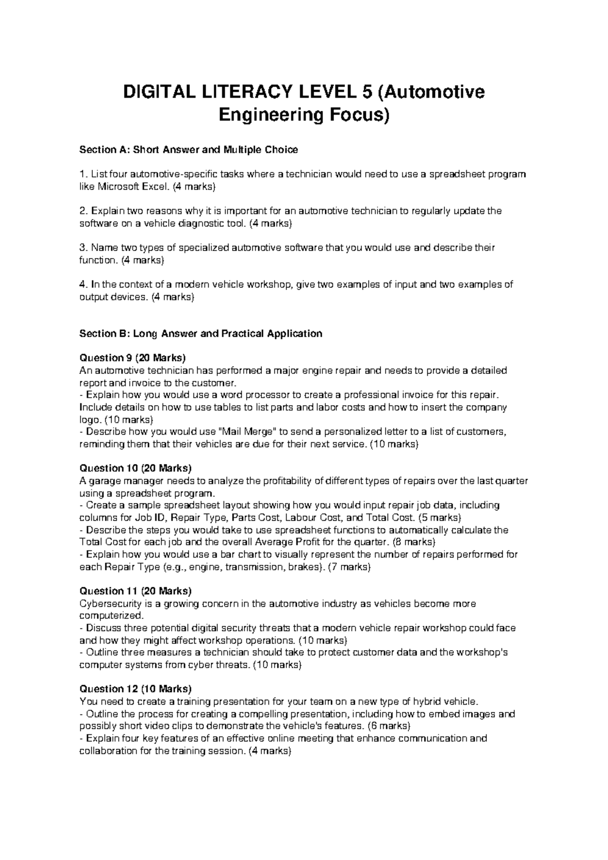 Digital Literacy Level 5: Automotive Engineering Q&A Guide - Studocu