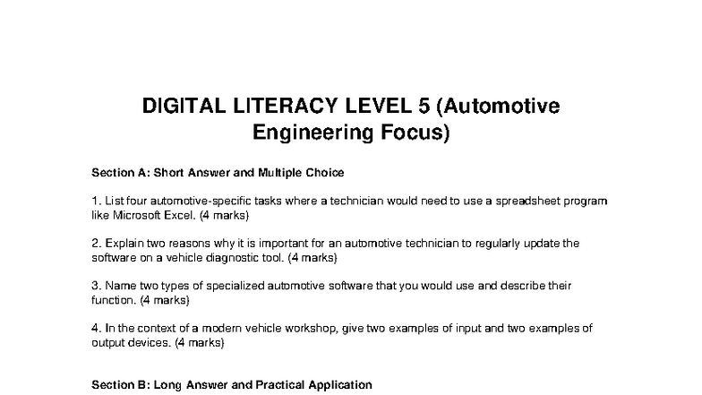 Digital Literacy Level 5: Automotive Engineering Q&A Guide - Studocu