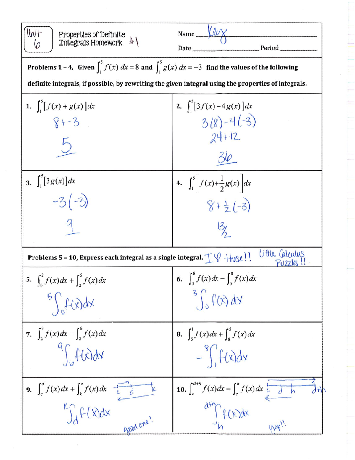 Definite intergral ws 1 answers - Unit Properties of Definite 6 ...