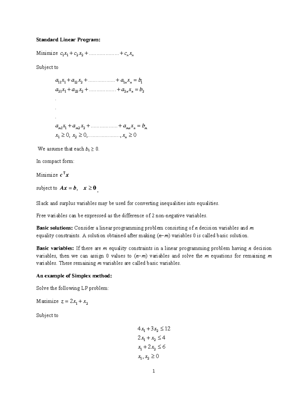 Linear Programming: Simplex Method Examples and Solutions (Course Code: - Studocu