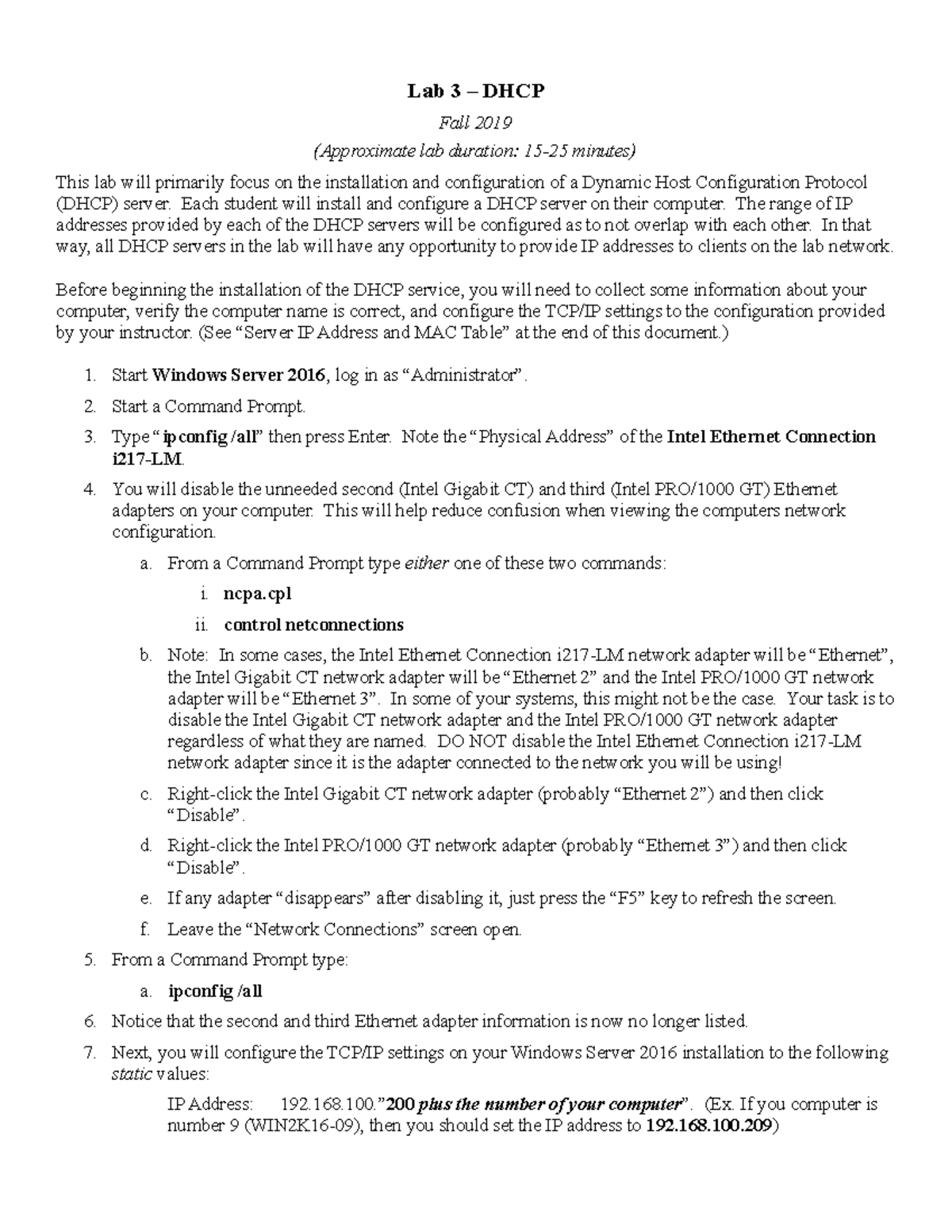 Lab 3 - DHCP - Lab report is given in class and required to do. - Lab 3 ...
