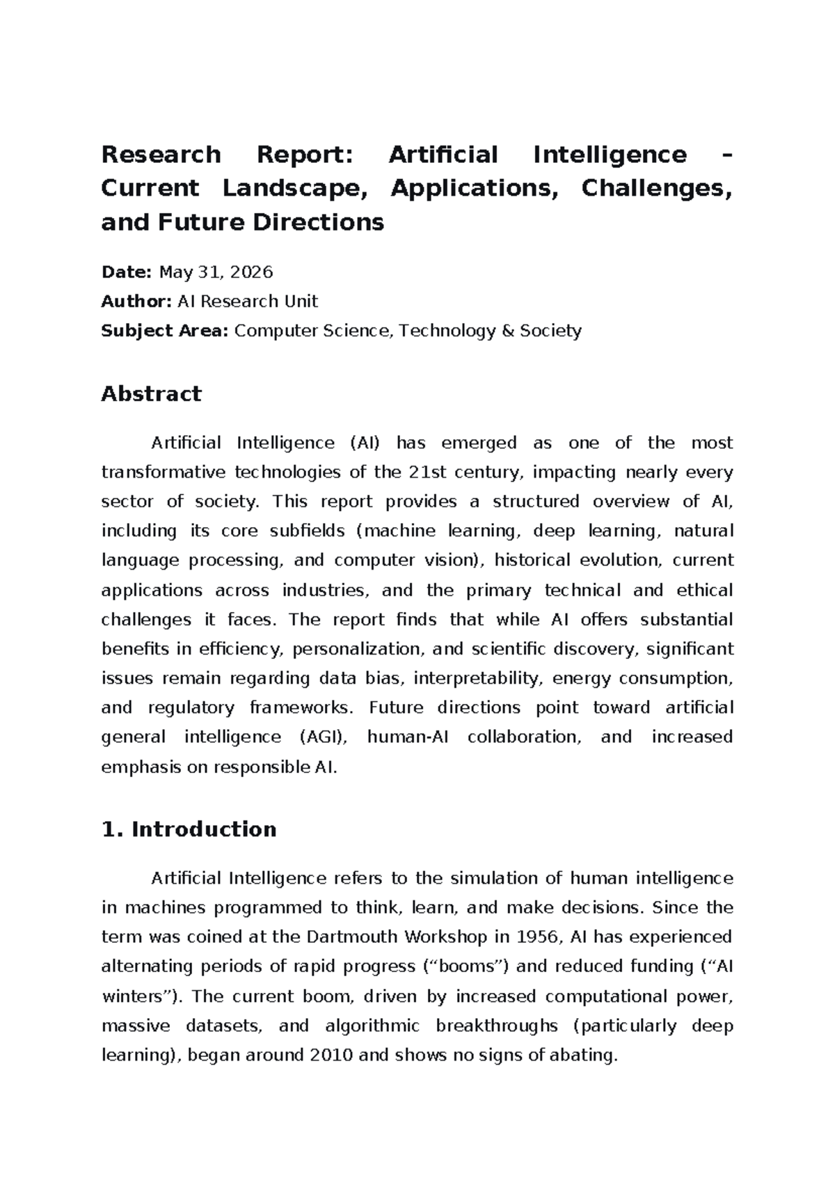 Research Report: AI Current Landscape, Applications & Challenges - Studocu