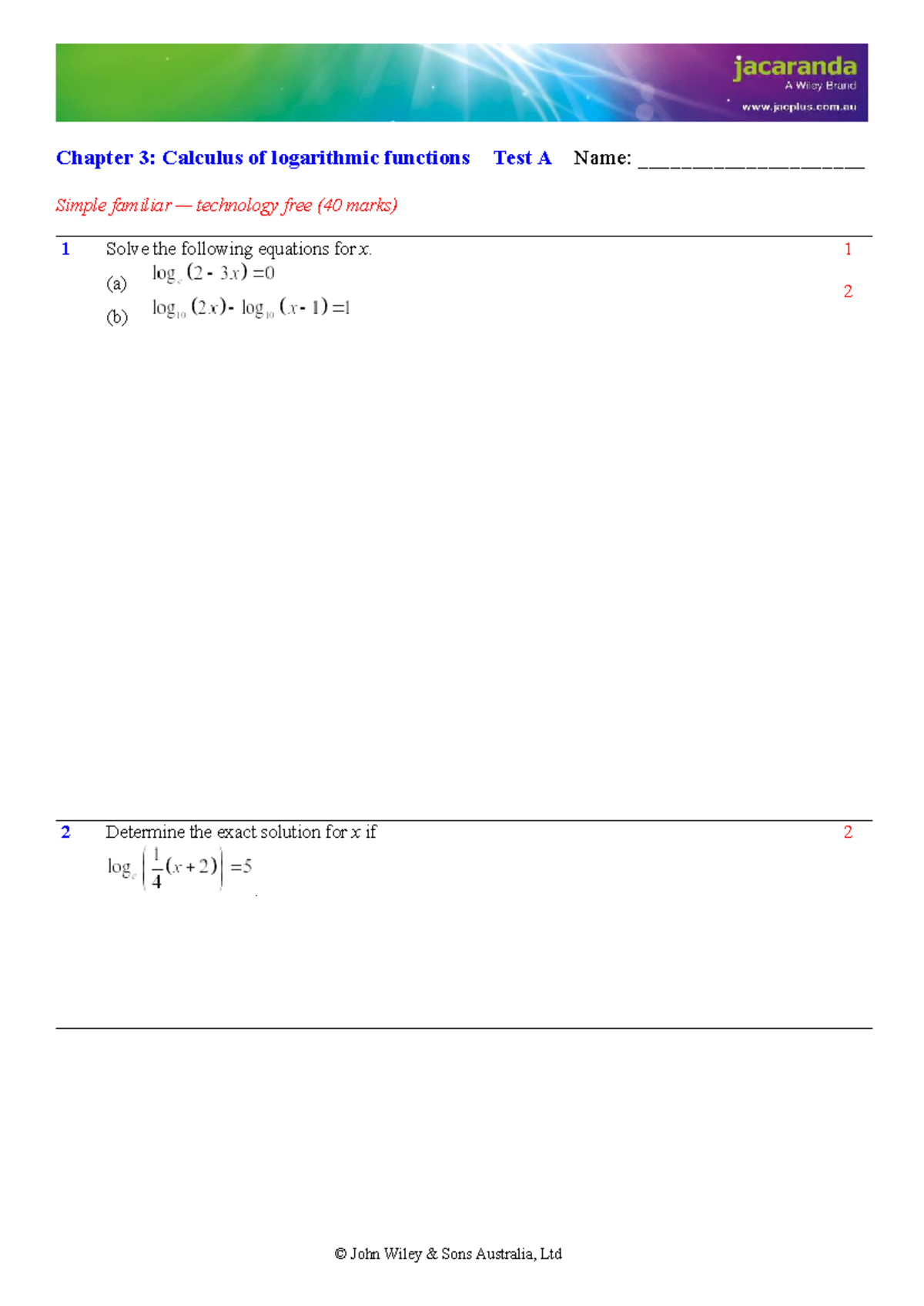 Chapter 3: Calculus of Logarithmic Functions Test A - Maths Quest 12 ...