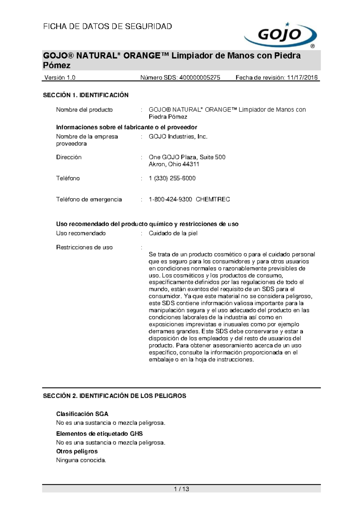 HDS: Ficha de Datos de Seguridad para Crema Desengrasante Gojo - Studocu