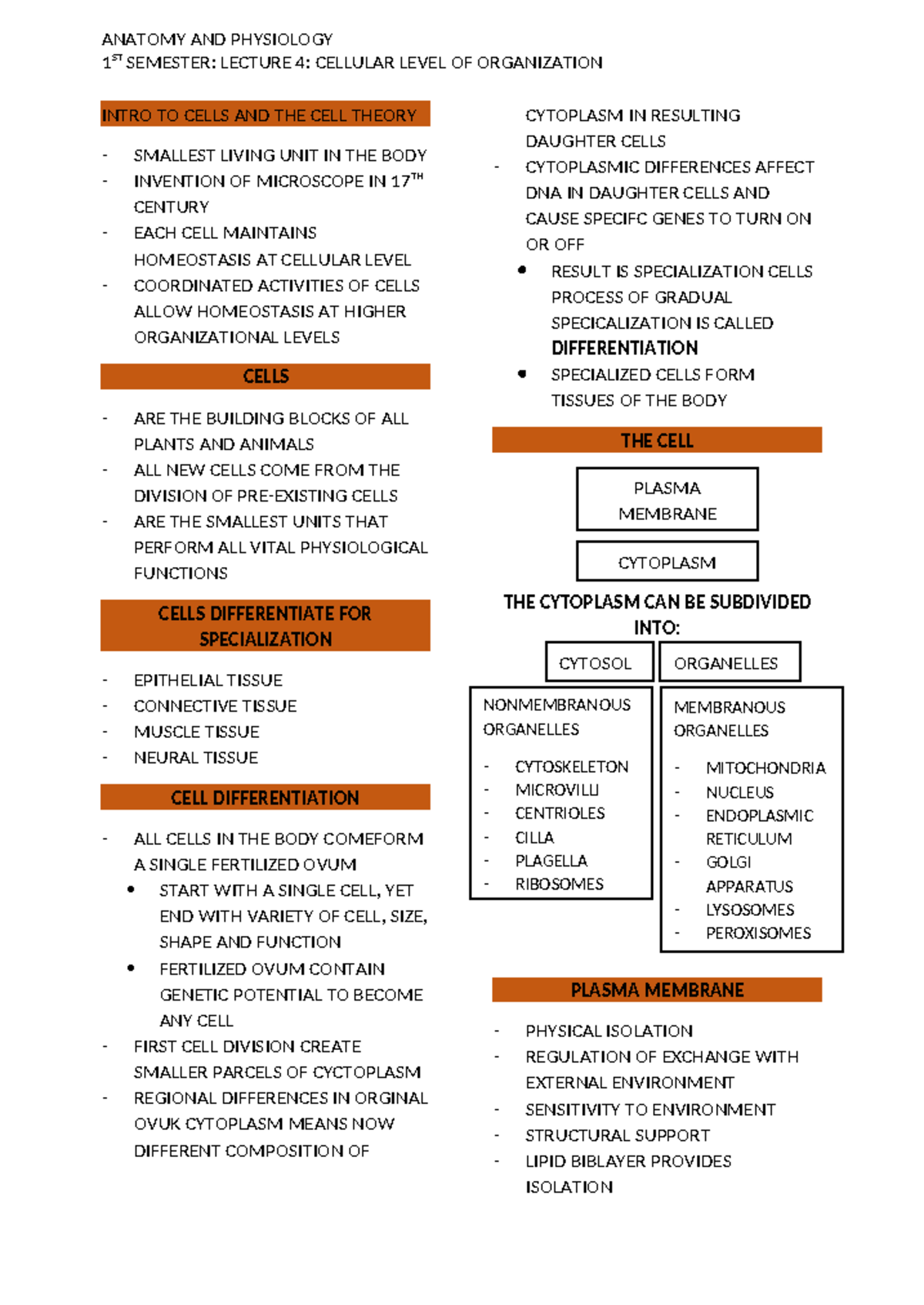 Intro TO Cells AND THE CELL Theory - 1 ST SEMESTER: LECTURE 4: CELLULAR ...