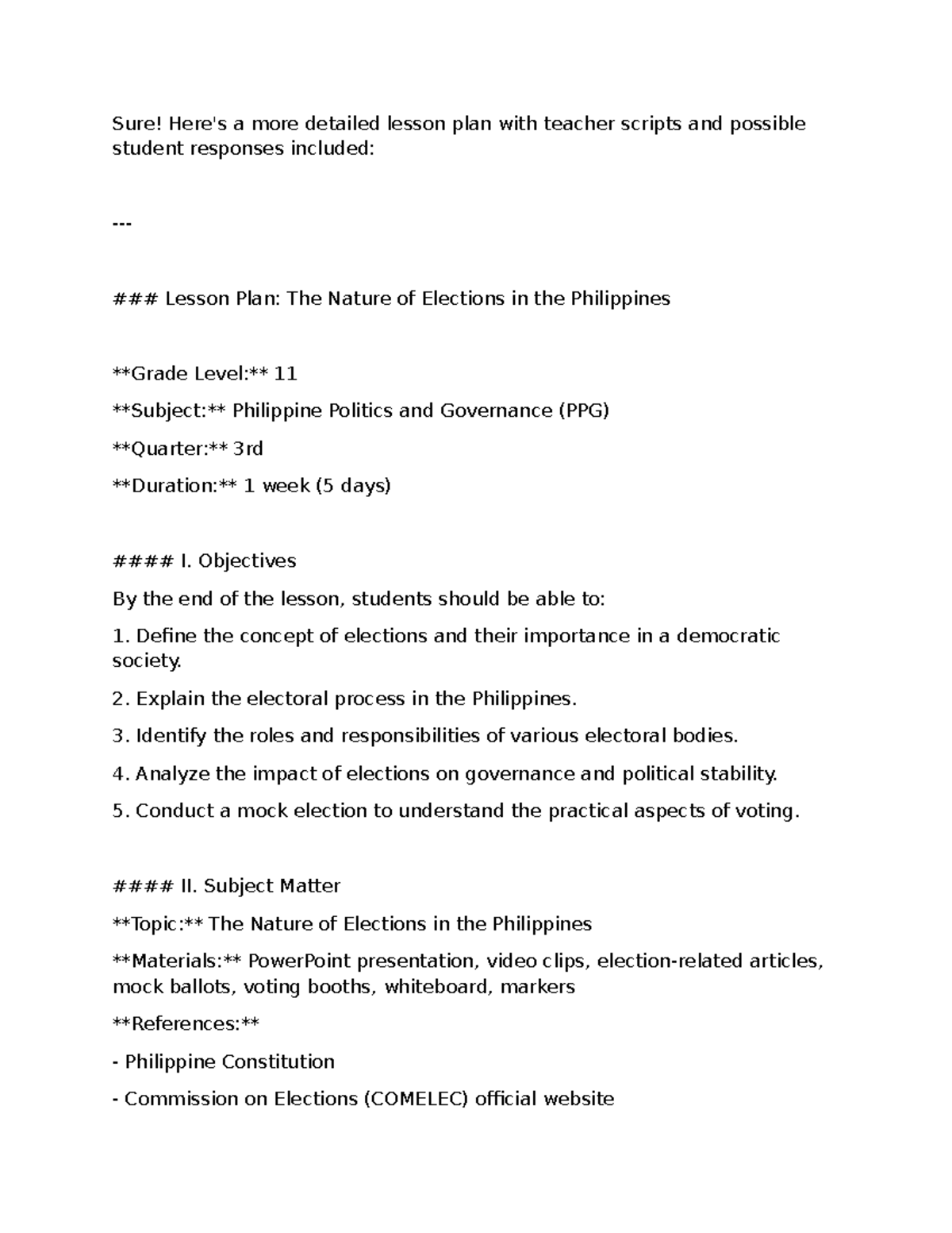 Detailed Lesson Plan: The Nature of Elections in the Philippines (PPG ...