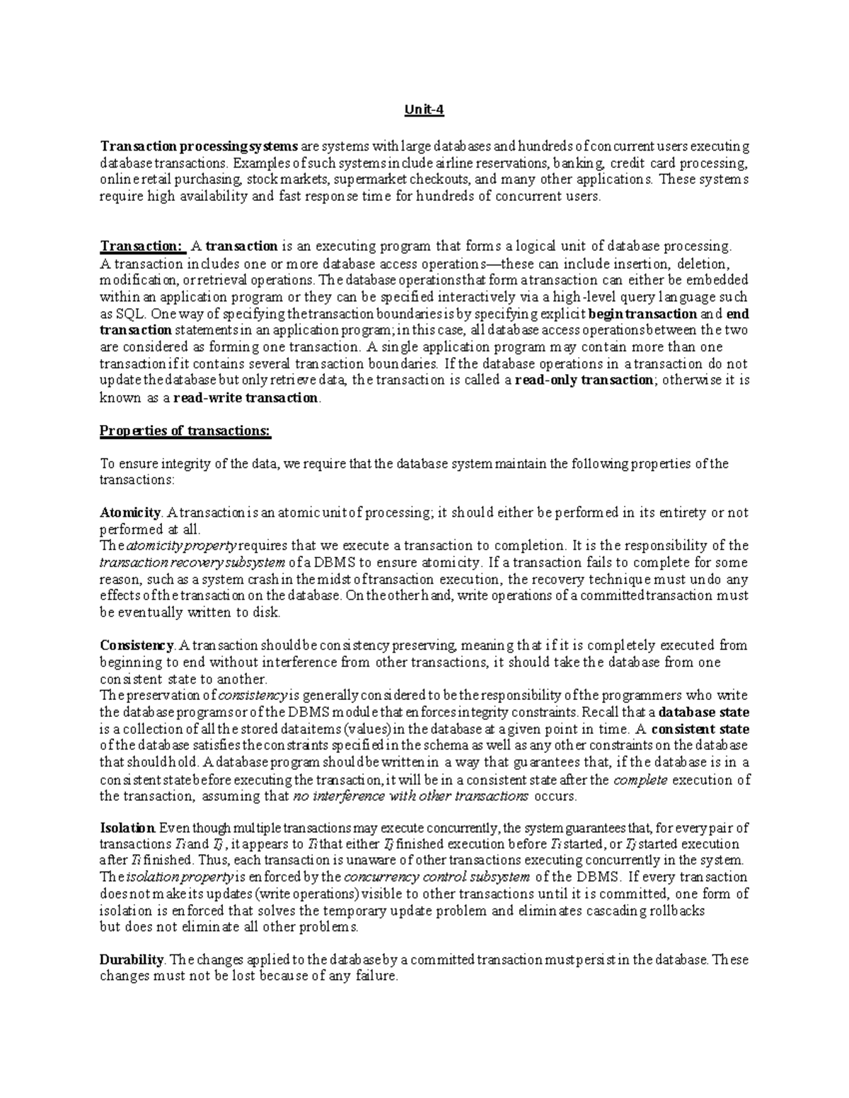 DBMS Unit-4: Understanding Transaction Processing Systems and ACID ...