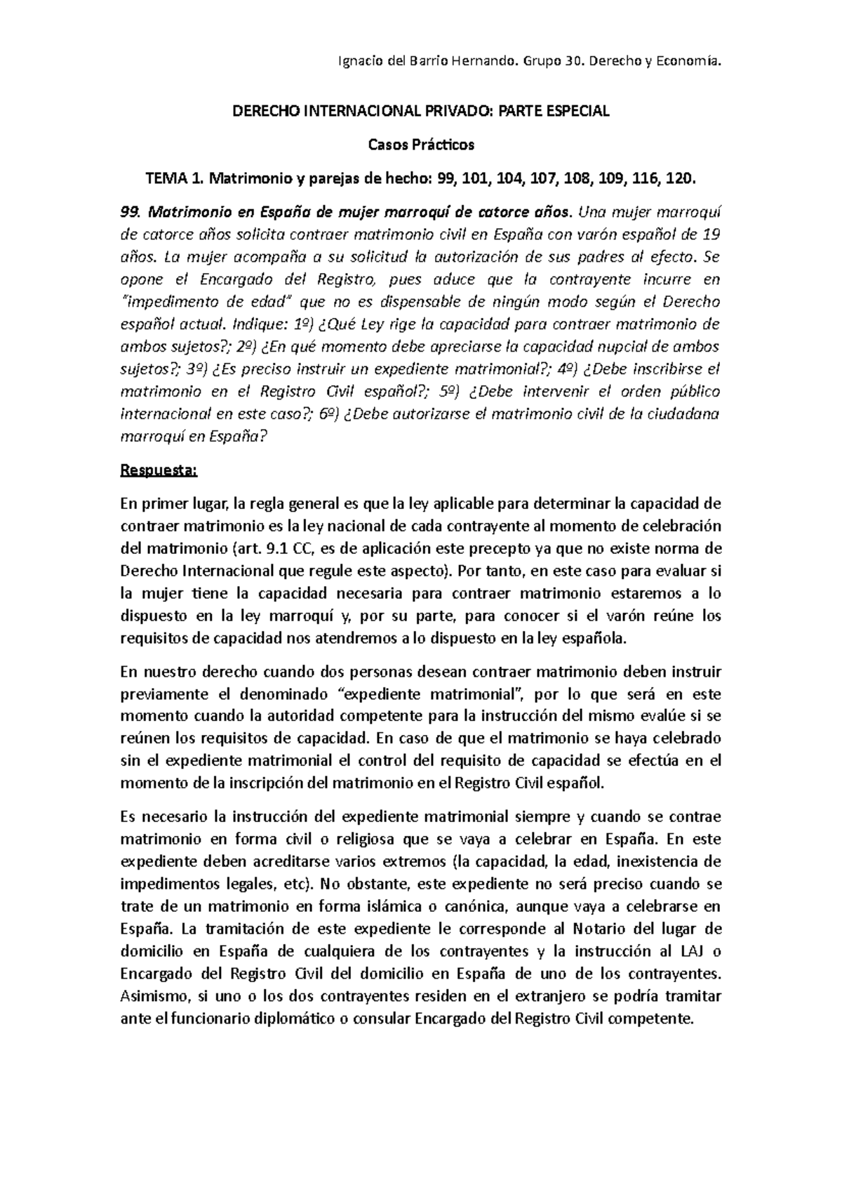 Casos prácticos tema 1 - Práctica Semana 1 - DERECHO INTERNACIONAL PRIVADO: PARTE ESPECIAL Casos ...