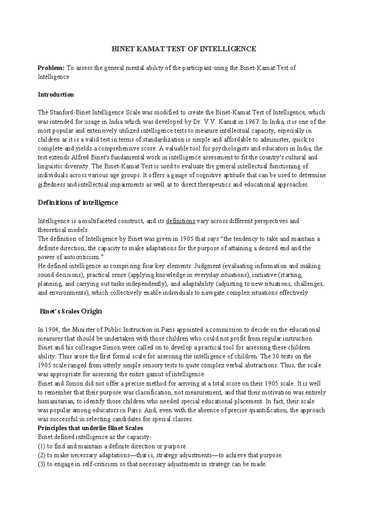 Binet-Kamat Test of Intelligence: Overview and Principles - Studocu