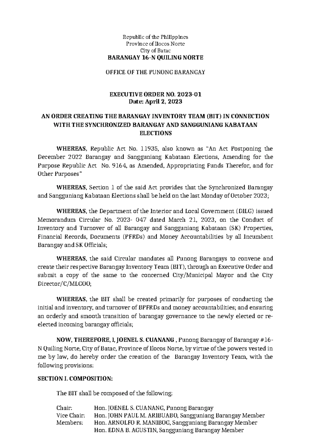 Barangay Tanod Appointment Letters - Brgy. #16-N Quiling Norte - Studocu