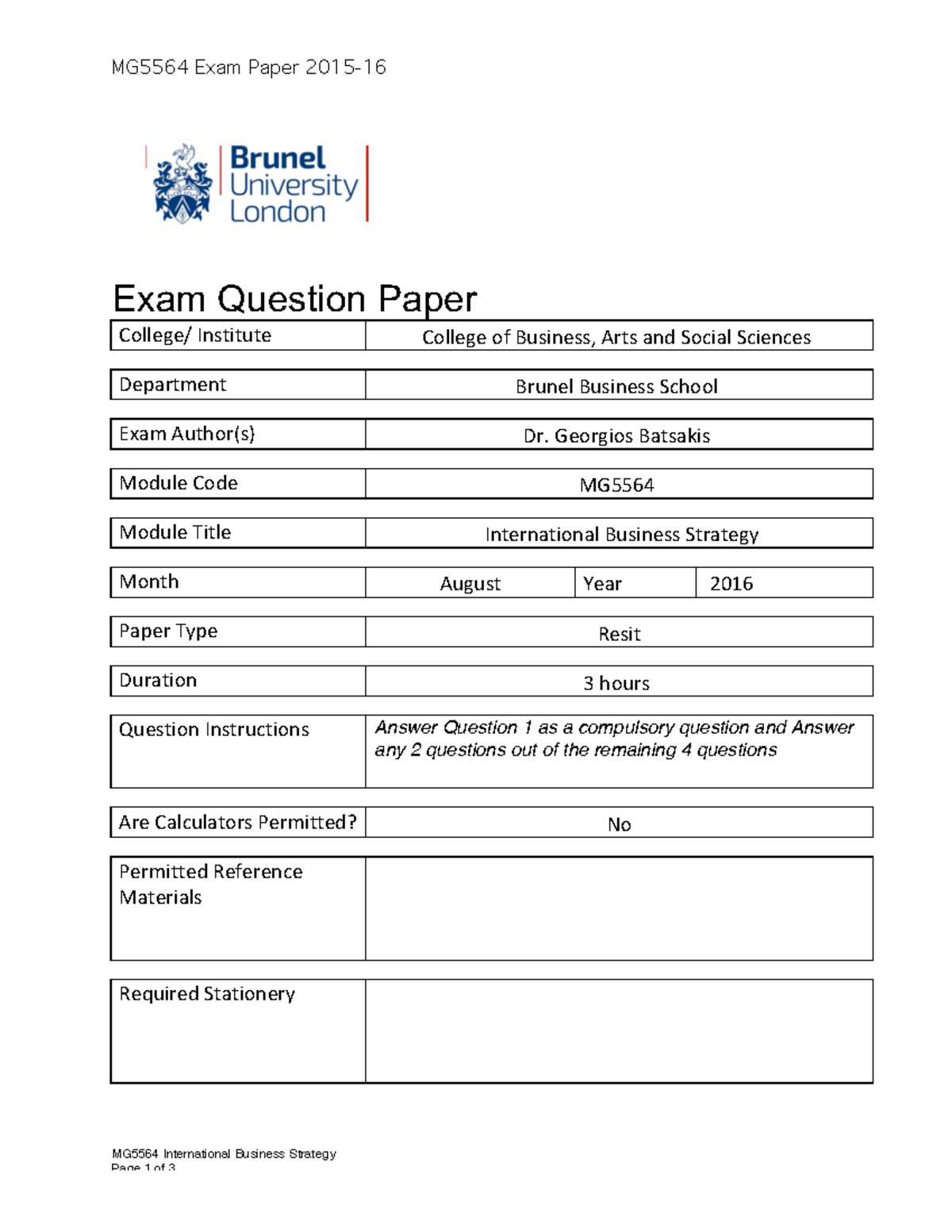 Exam 27 August 2015, questions - MG5564 Exam Paper 2015- 16 MG5564 ...