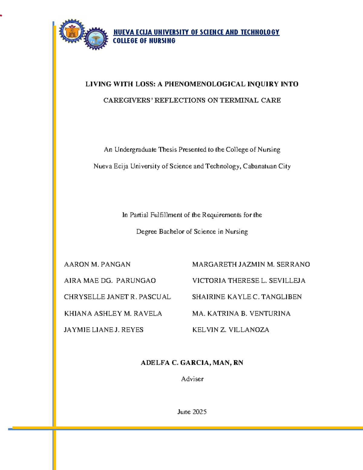 Nursing Thesis: Living with Loss - Reflections on Terminal Care - Studocu