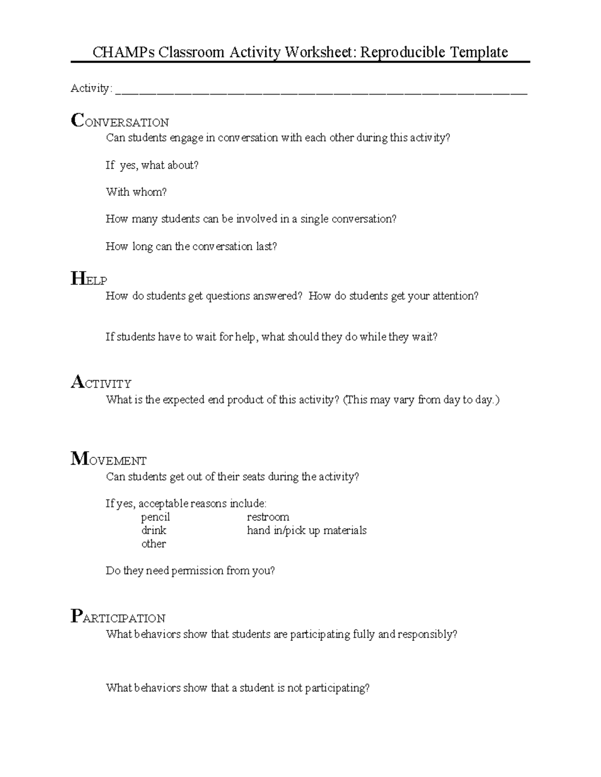 CHAMPs Classroom Activity Worksheet: Conversation Guidelines - Studocu