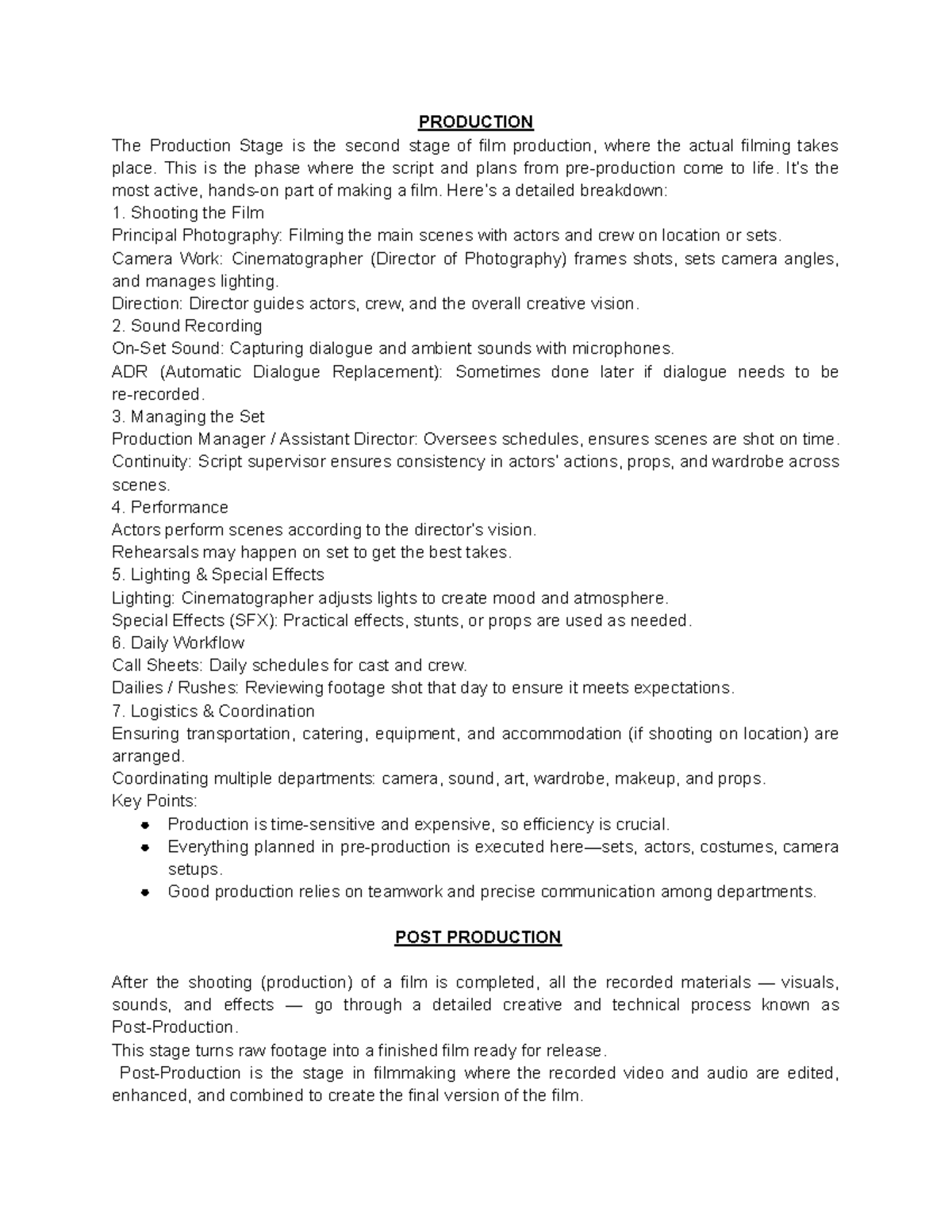 Film Appreciation: Production & Post-Production Stages Explained - Studocu