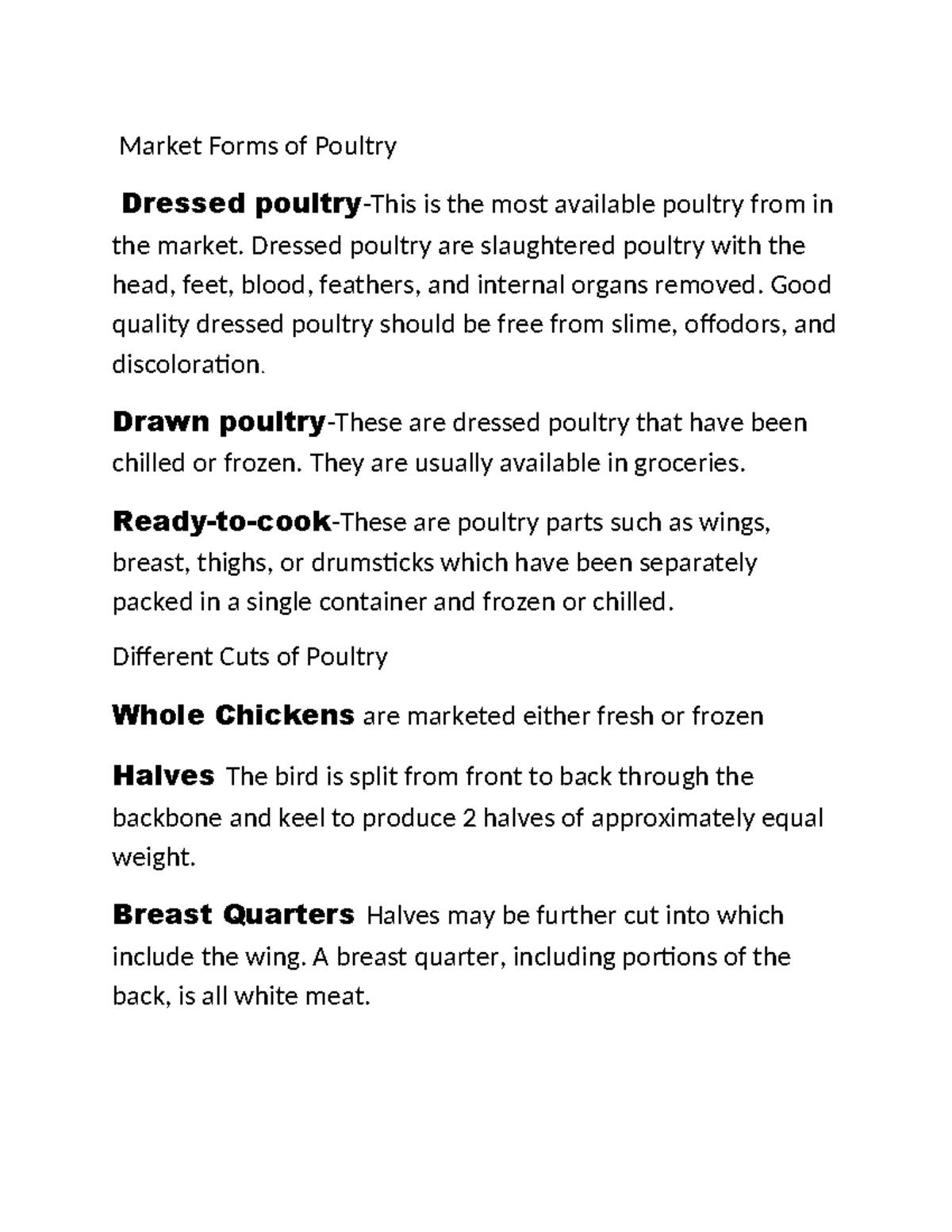 Market Forms of Poultry: Dressed, Drawn, and Cuts Explained - Studocu