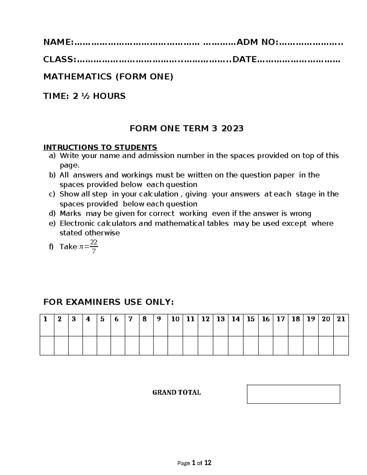 F1 Mathematics Term 3 Exam Questions 2023 - Studocu